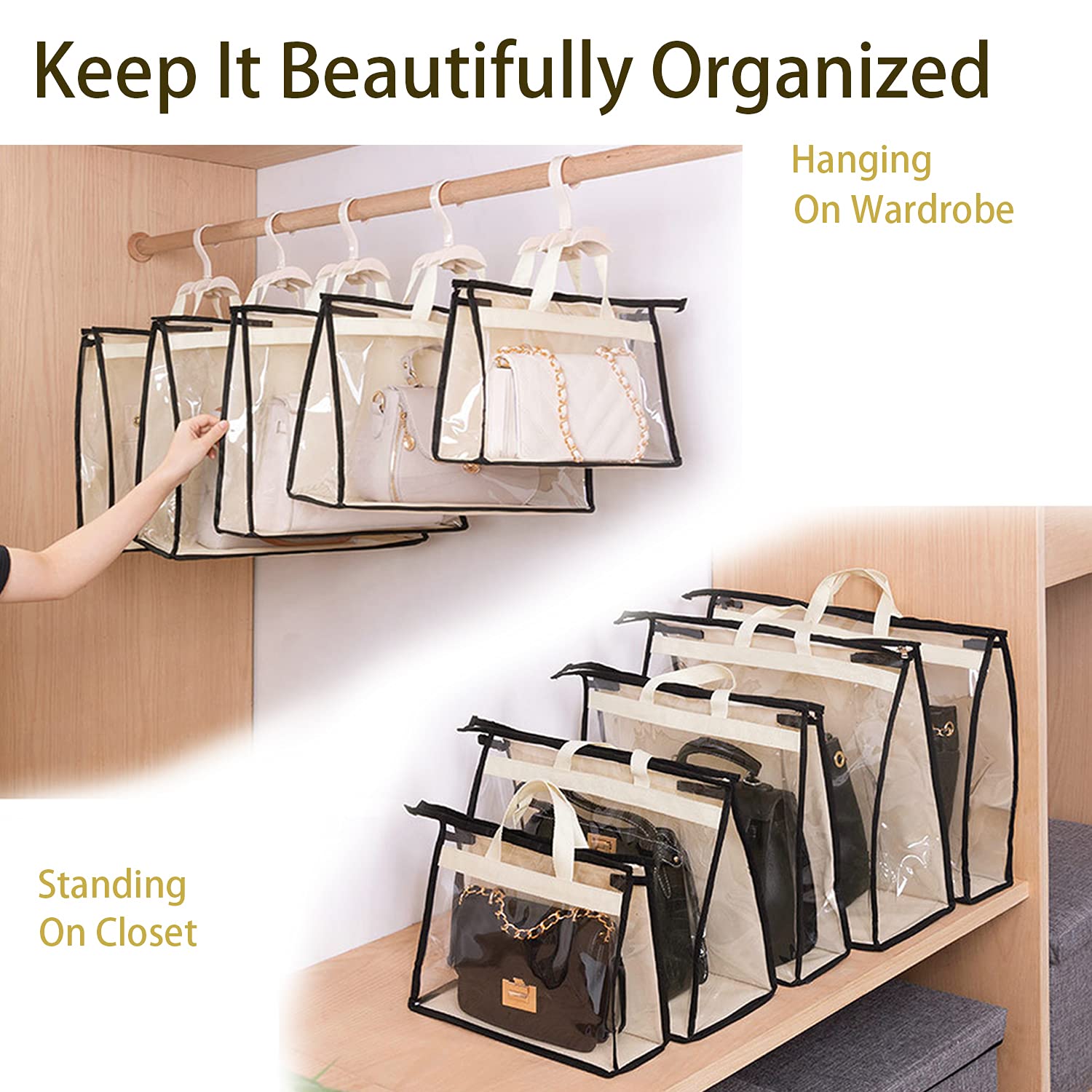ENOCH Handbag Storage Organizer Dust Cover Bags for Handbag & Purse, Sturdy PVC Organizer for Wall Shelf & Closet, with Zipper and Handles(XL)