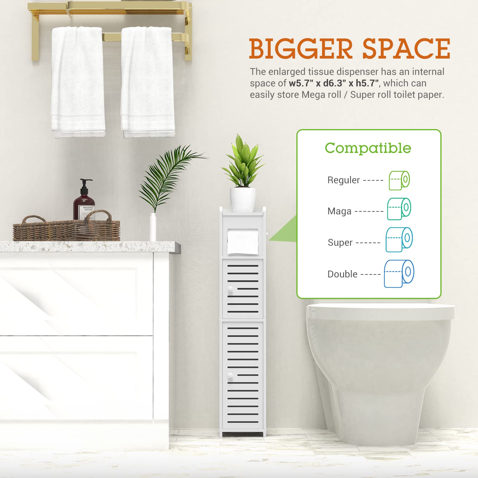 Bathroom Storage Cabinet for Small Space with Doors and Shelves, 4-Tiers Narrow Bathroom Cabinet,Waterproof Toilet Paper Storage Organizer with Toilet Paper Roller,Accommodate Mega Rolls(White 2Pack)