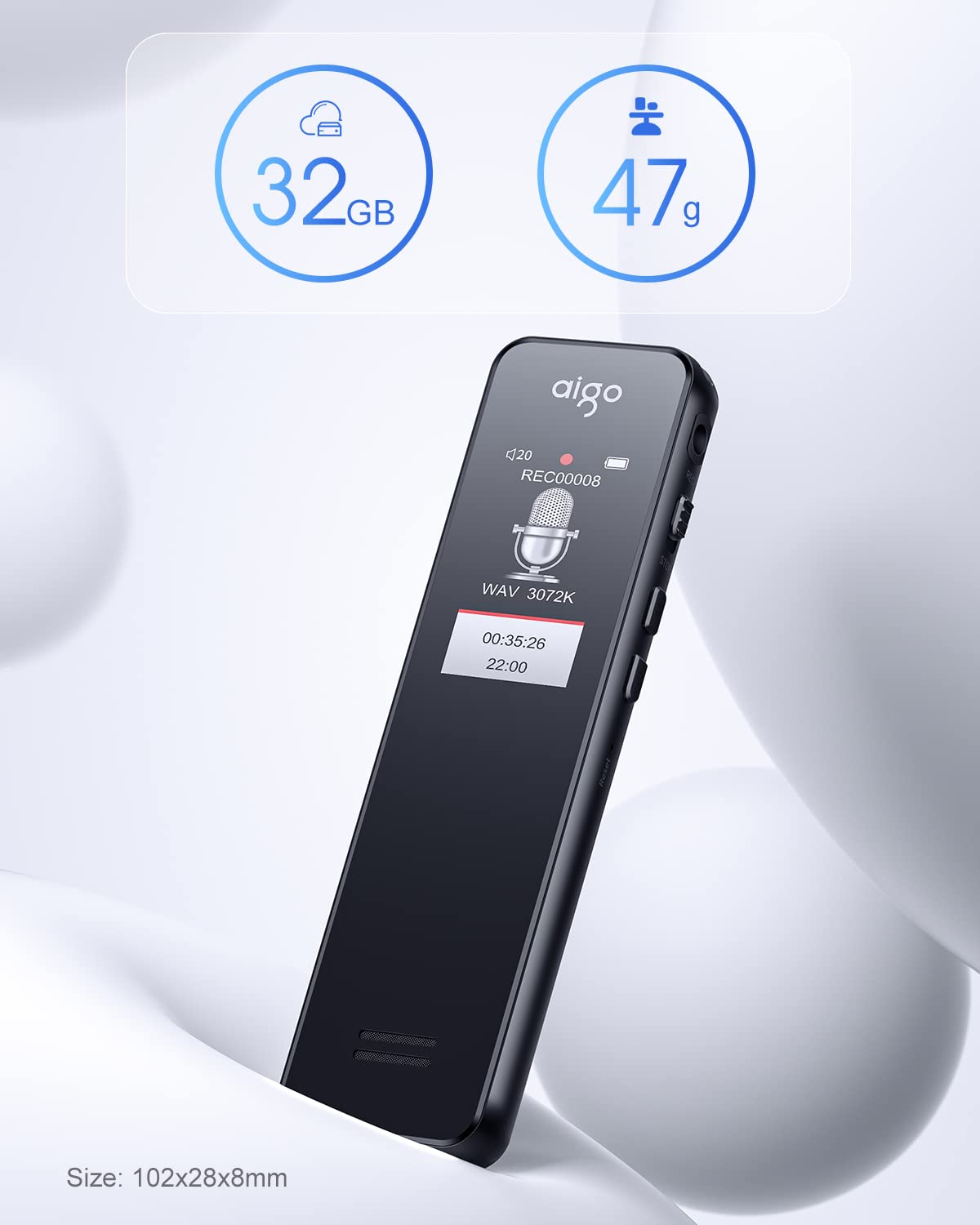 aigo 32GB Digital Voice Recorder 3072kbps one-Key Recording Password Protection 134 Hours Recording MP3 Player for Lectures Meetings Interviews