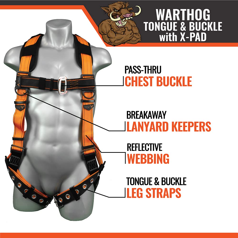 Malta Dynamics Warthog Safety Harness Fall Protection, Tongue Buckle Legs & X-Pad, Full Body Harness, OSHA/ANSI Compliant (Tongue Buckle Legs & X-Pad, Large-XLarge)