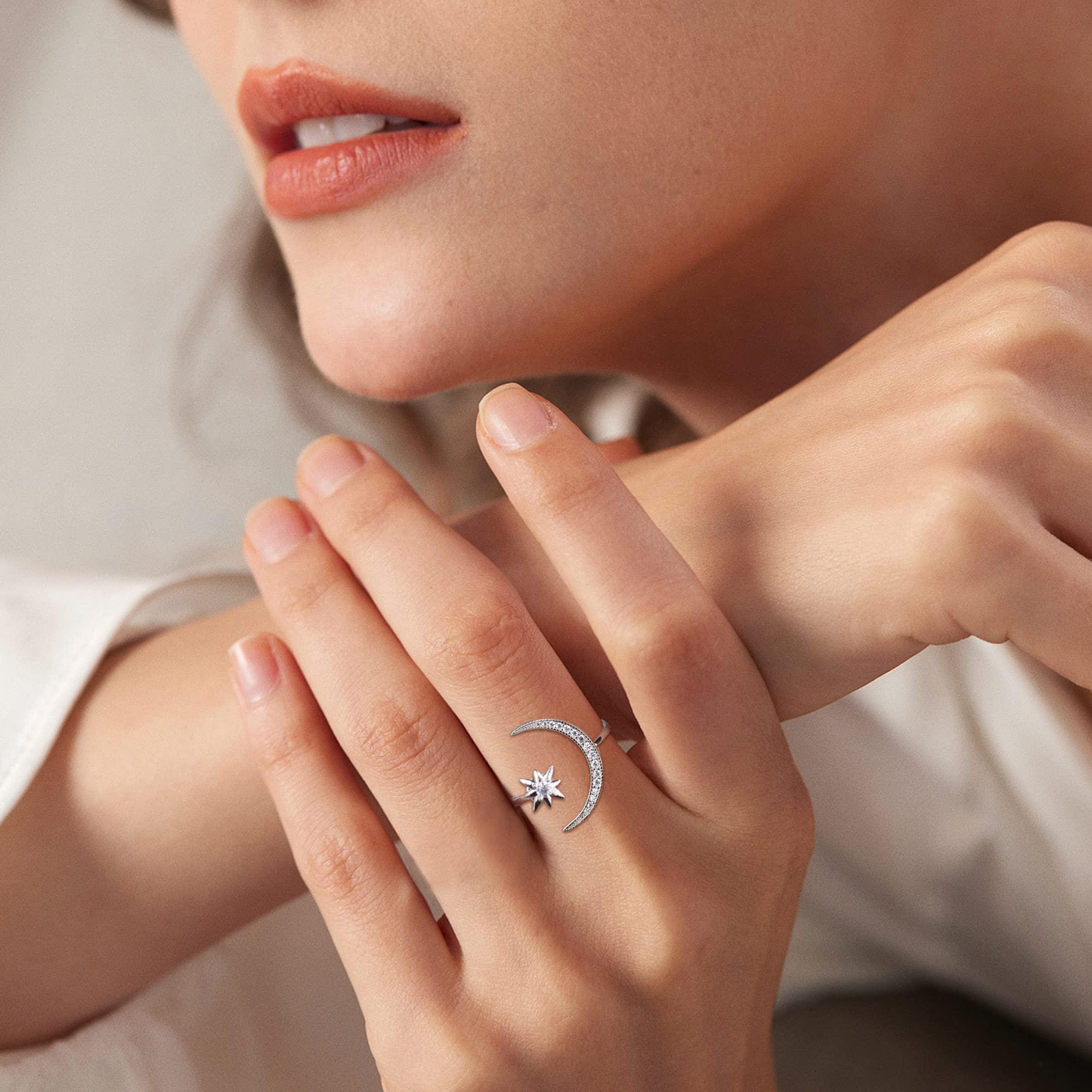 ADRAMATA 925 Sterling Silver Moon Ring for Women Crescent Moon Ring Platinum Plated Fidget Spinning Ring for Anxiety Stress Relieving Women's Sterling Silver Moon Ring Adjustable