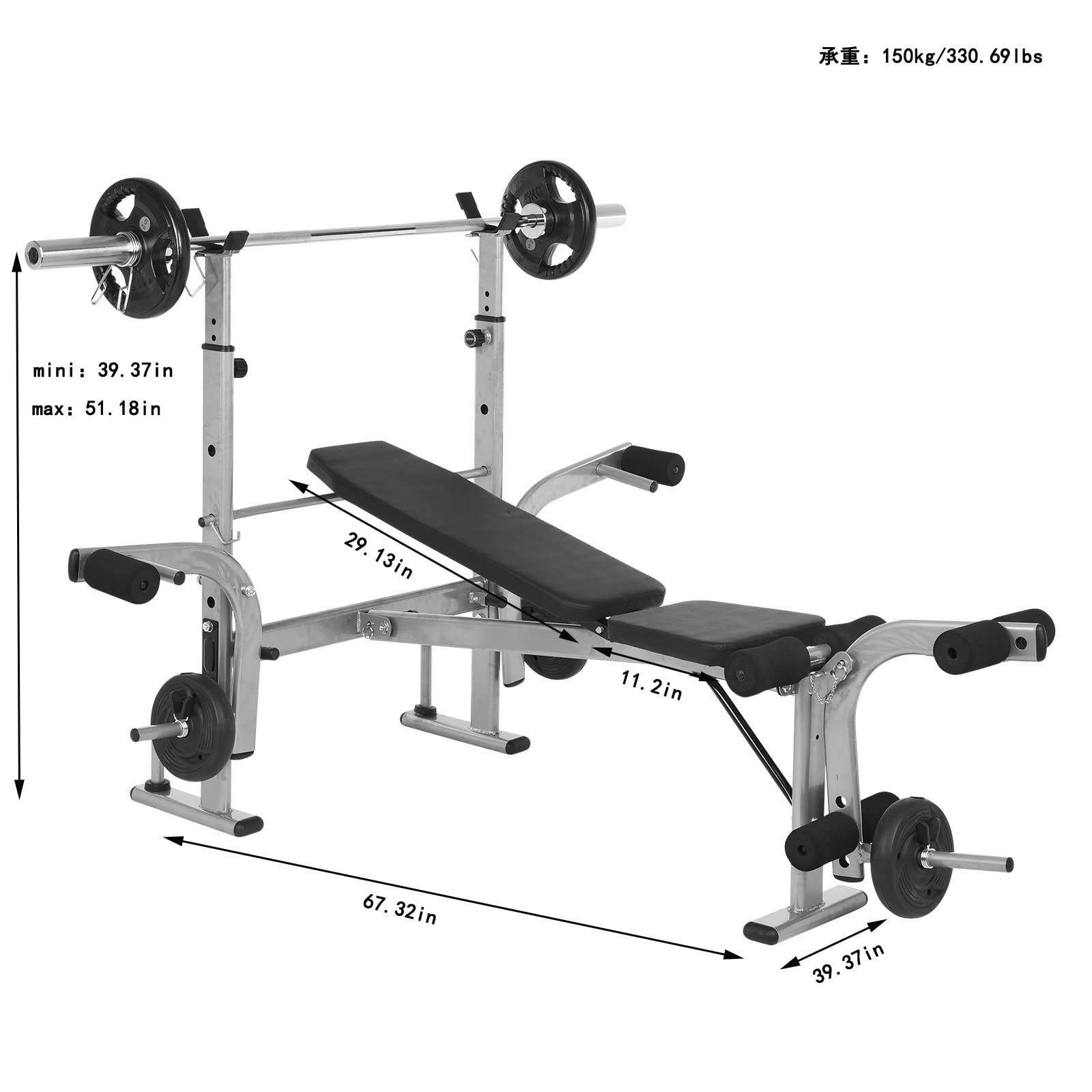 Adjustable Olympic Weight Bench with Squat Rack, Barbell Dumbbell Weightlifting Bed Leg Extension and Curl, Press Bench Rack Set, Home Gym Workout Fitness Exercise Strength Training Equipment