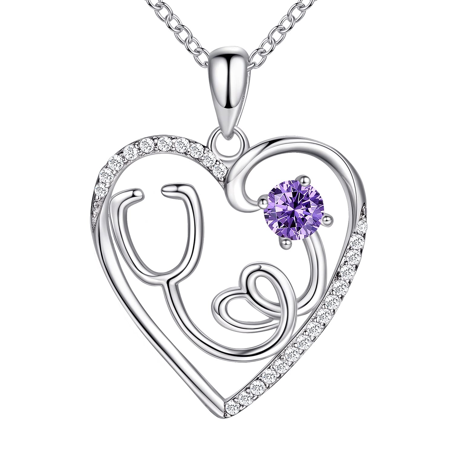 AmorAime 925 Sterling Silver Heart Necklace Nurse Necklace Stethoscope Birthstone Necklace for Doctor Medical Student for Festival, Vacation
