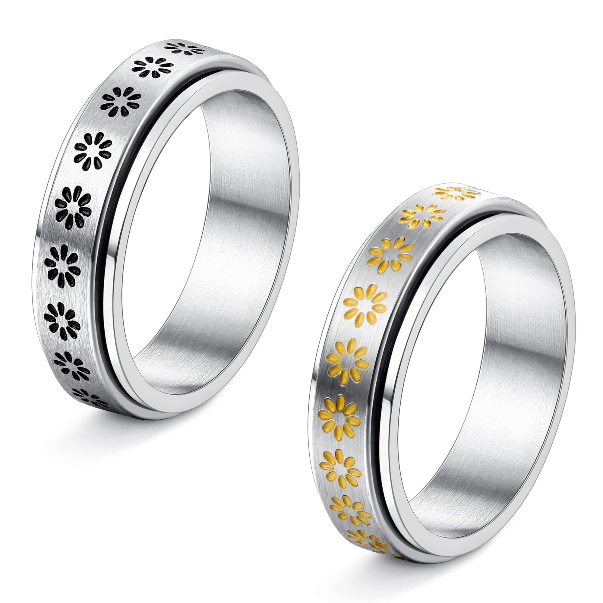 ADRAMATA Fidget Rings for Anxiety for Women Men Stainless Steel Meditation Rotatable Ring Gold&Black Star Moon Phase Daisy Anxiety Ring Spinner Ring Set 2PCS