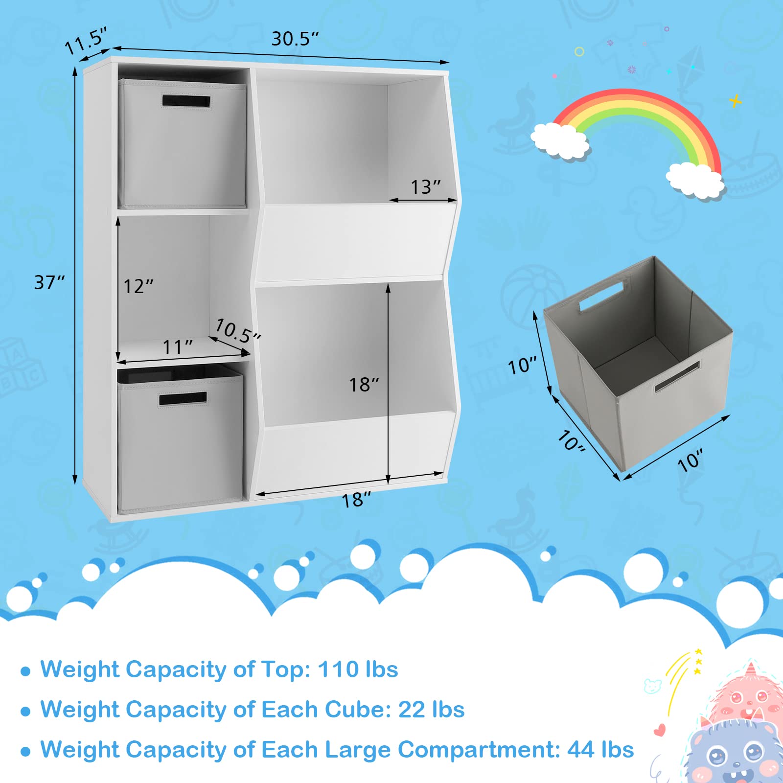 GLACER 5-Cube Kids Toy Storage Organizer, Freestanding Wooden Bookcase Bookshelf w/ 2 Removable & Foldable Bins, Open Multi-bin Storage Display Cabinet for Kids Room, Play Room, Nursery, White