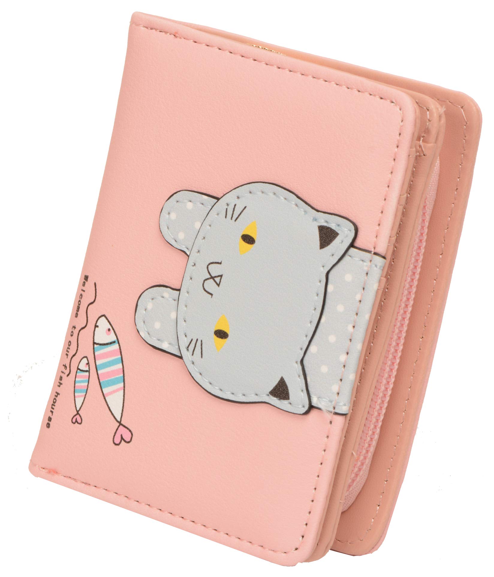 Ecohaso Wallets for Girls Women Purses for Teens Cute Cat Wallet Kitty Pattern Clutch Purse Coin Holder Card Organizer (Pink)