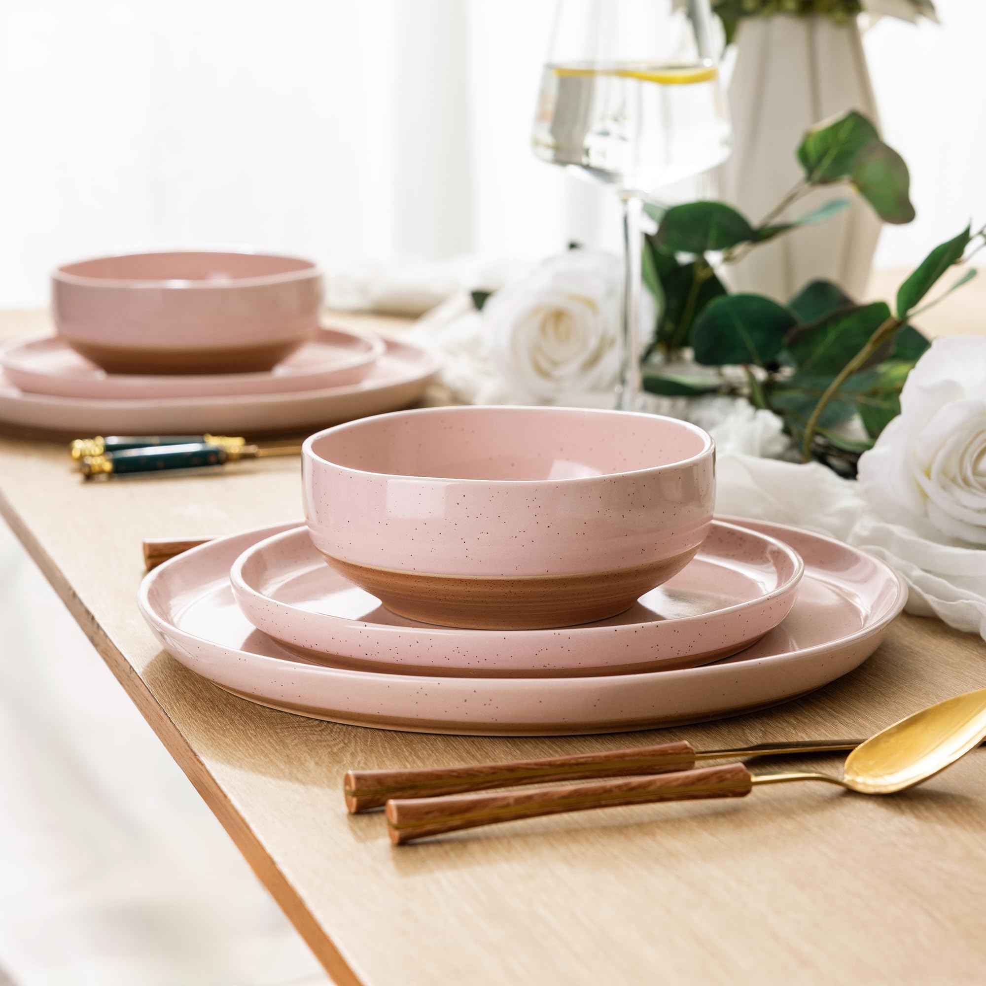 AmorArc Ceramic Dinnerware Sets for 4, 12 Pieces Handpainted Plates and Bowls Set with Wavy Rim, Chip and Scratch Resistant Stoneware Dishes Set, Dishwasher & Microwave Safe, Light Blue