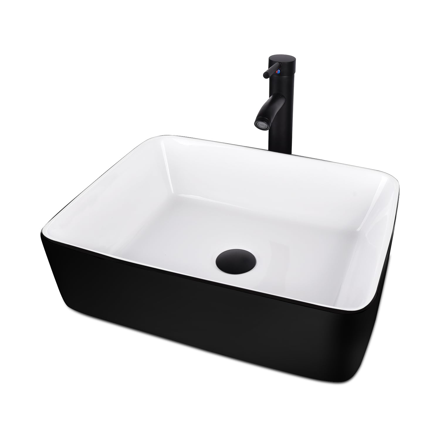 Puluomis Black and White Ceramic Bathroom Sink, 19" x 15" Above Counter Porcelain Vessel Sink with Black Faucet and Pop up drain Combo, Rectangle