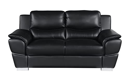 Blackjack Furniture Binion Modern Leather Loveseat for Living Room with Padded Headrests, Stainless Steel Legs & Accent Chrome Trim, Black