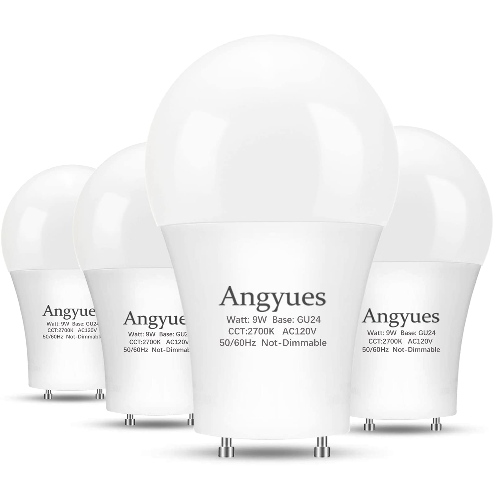 Angyues GU24 LED Ceiling Fan Light Bulbs 9W Equivalent 80Watt Warm White 2700K A19 LED Light Bulb, Twist Lock GU24 Base Home Lighting Bulbs, Non-Dimmable 4 Packs