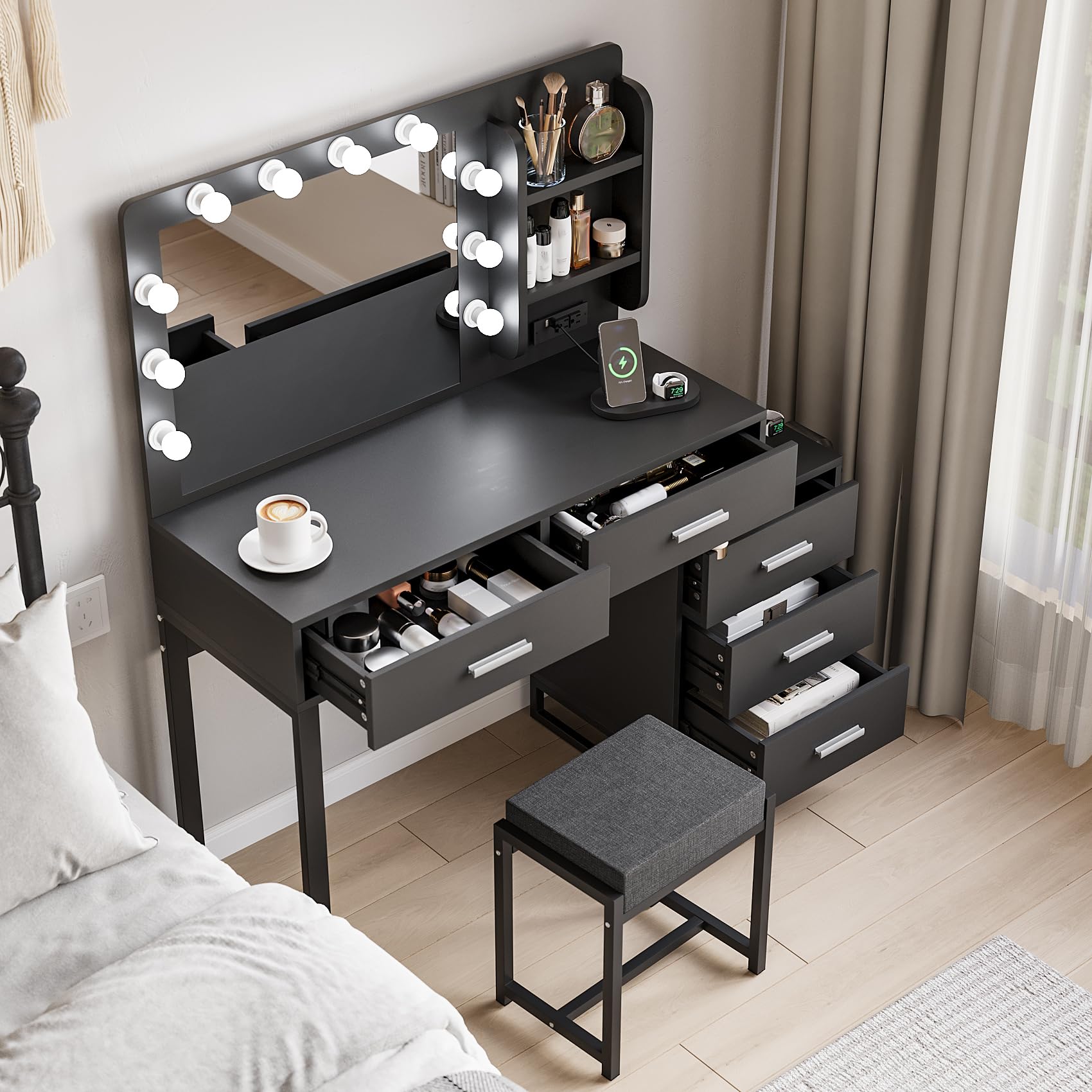 Semiocthome Vanity Mirror with Lighted Mirror and Power Strip 10 LED Lights Makeup Vanity Desk with Storage Shelves and Cushioned Stool, 5 Drawers Large Capacity Dressing Table for Bedroom-Black