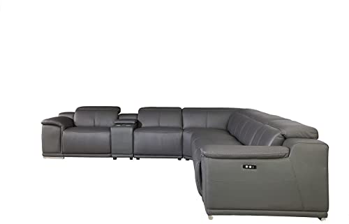 Blackjack Furniture Venice 7 Piece Italian Leather Sectional Sofa with 3-Power Recliners, Adjustable Headrest, Lumbar Support, USB and Wireless Charging Station, Extra Large Storage, 1 Console, Gray