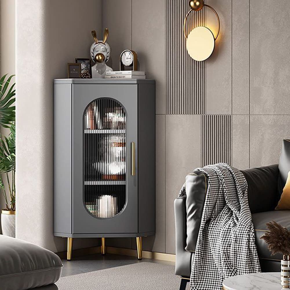 Ezalor Corner Storage Cabinet 4 Tier Corner Coffee Bar with Glass Door Alloy Handle Desktop slates Corner Storage Organizer Shelf(33.5in, Gray)