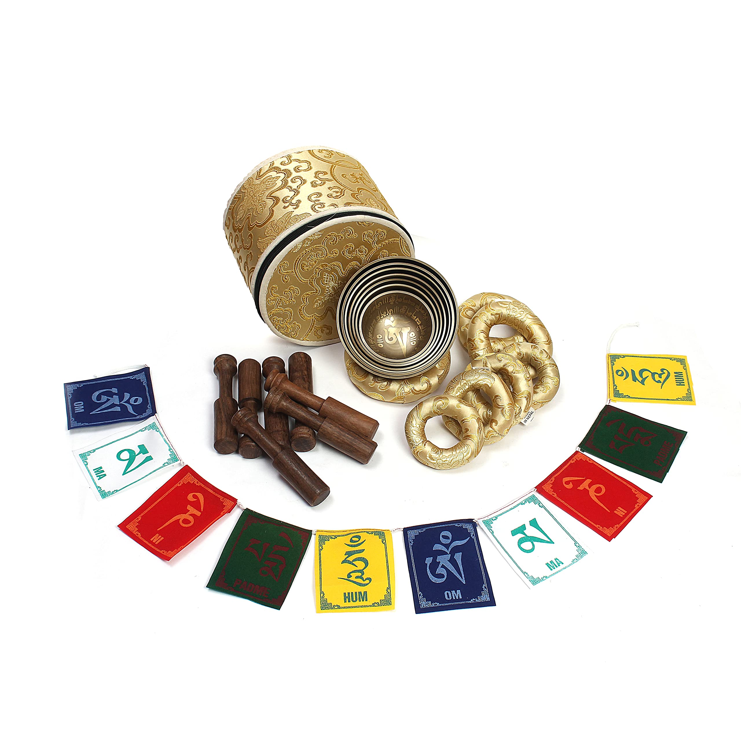 ESK GROUP Tibetan Singing Bowl Set of 7, 3β- 5.2β Om Mane Padme Hum Singing Bowl, Himalayan Singing Bowl, Handmade, w/ silk cushions, 7 sticks, Flag and Silk Brocade Box, ESK-06
