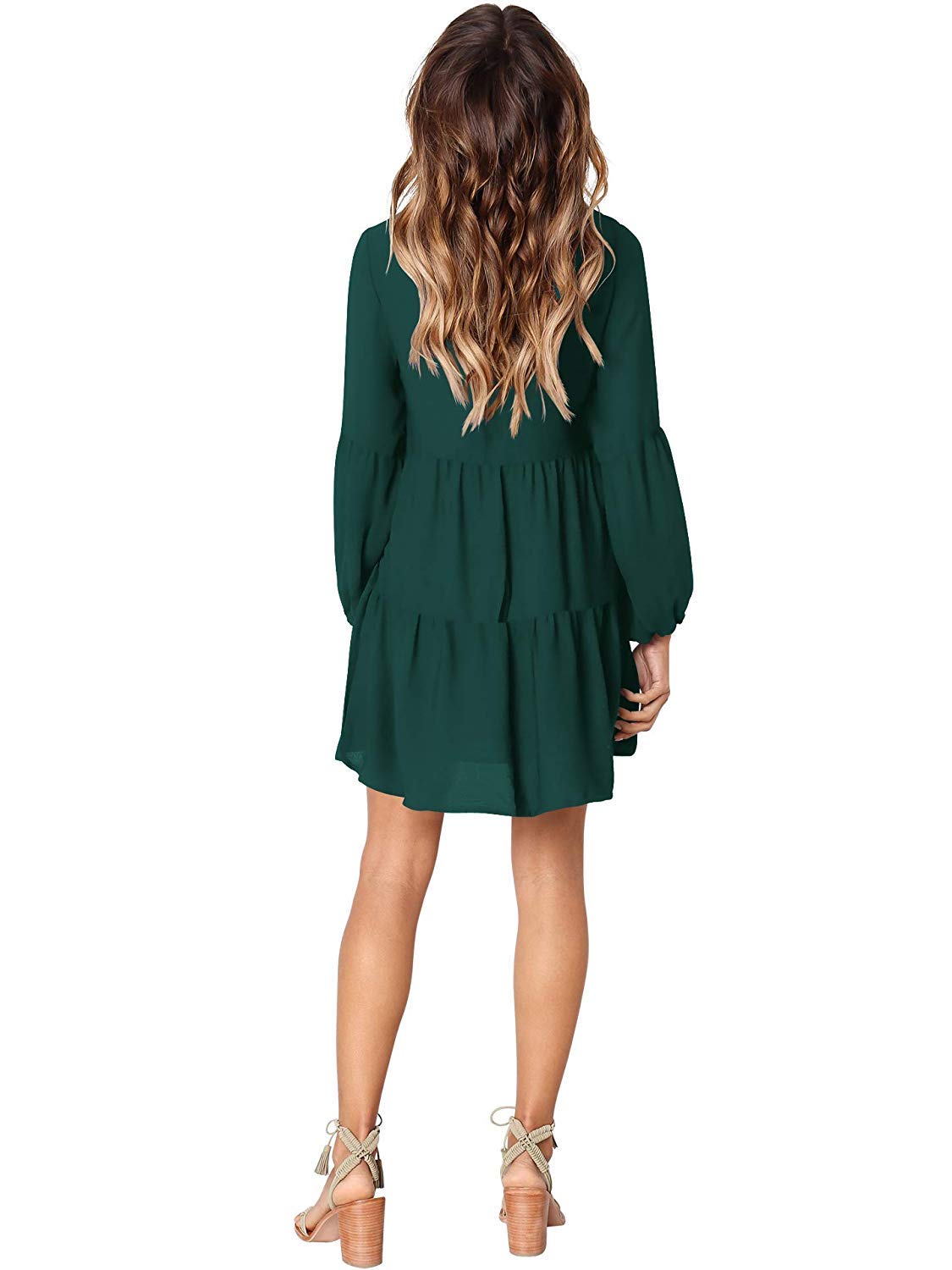 Amoretu Women Long Sleeve Tunic Dress V Neck Swing Shift Dresses(Green,X-Large)