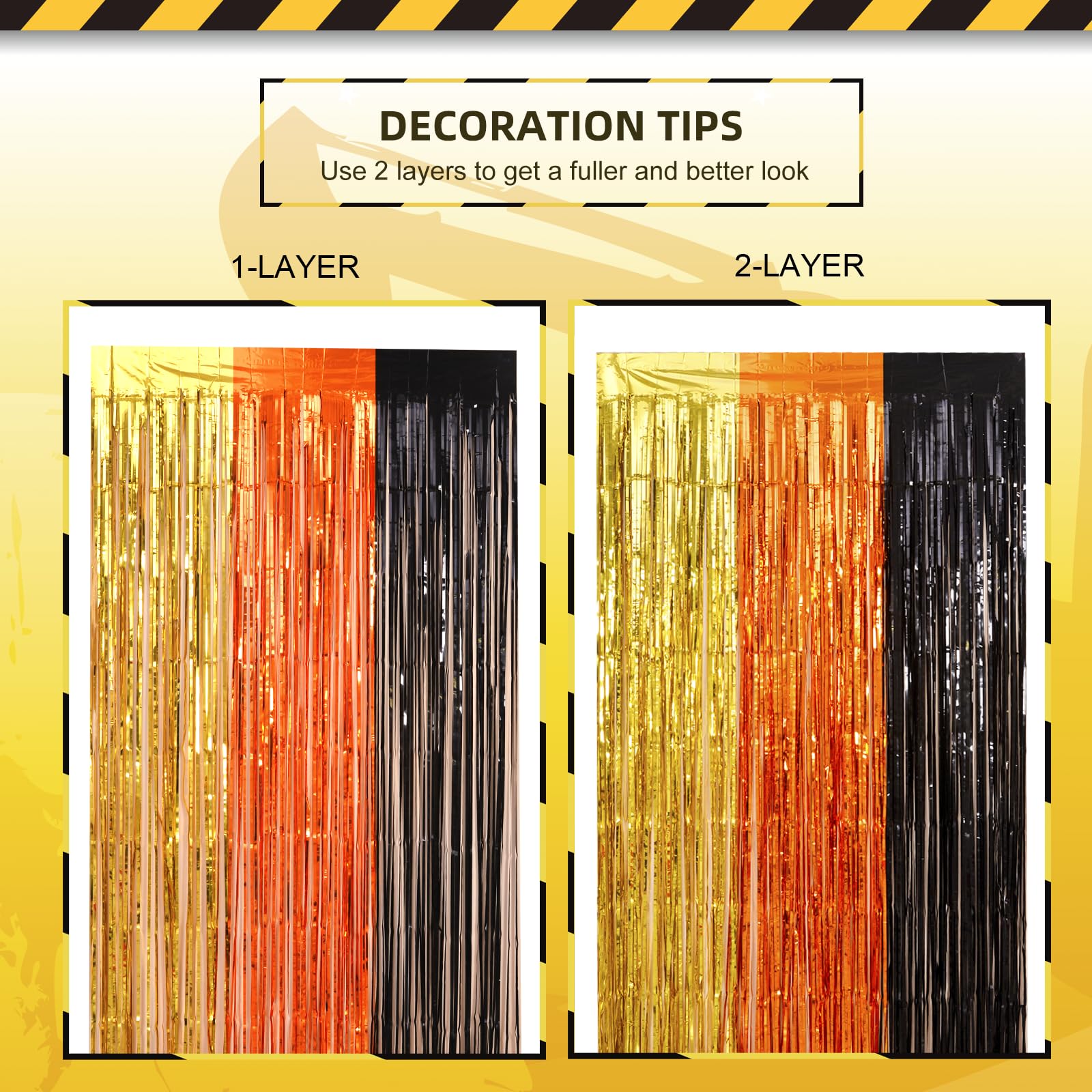LOLStar 2 Pack Construction Foil Fringe Curtains, Construction Birthday Party Supplies, 3.3x6.6 ft Yellow Orange and Black Tinsel Photo Booth Prop, Streamer Backdrop for Construction Party Decoration