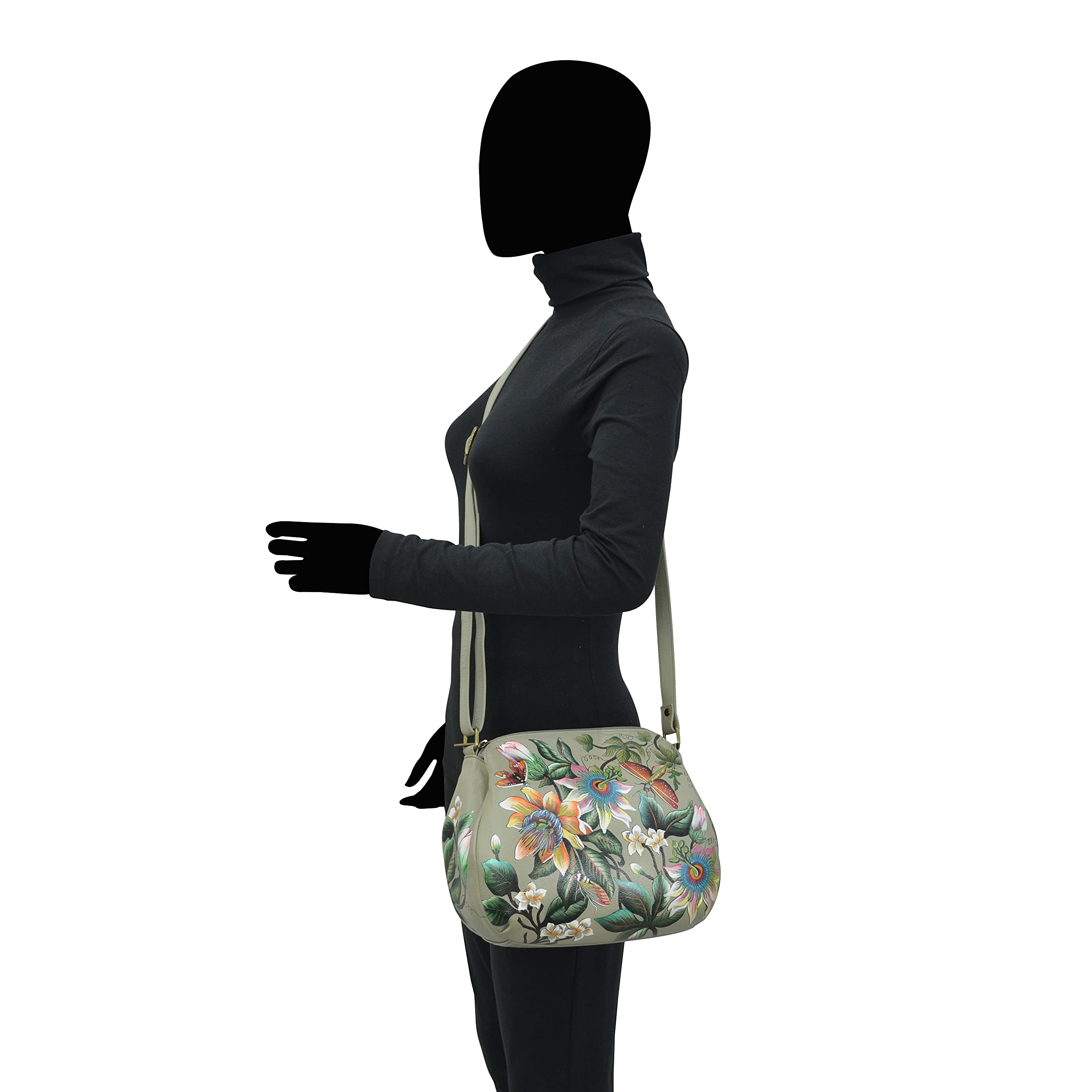 Anuschka Women’s Genuine Leather Multi Compartment Medium Bag - Hand Painted Exterior - Jungle Queen Ivory