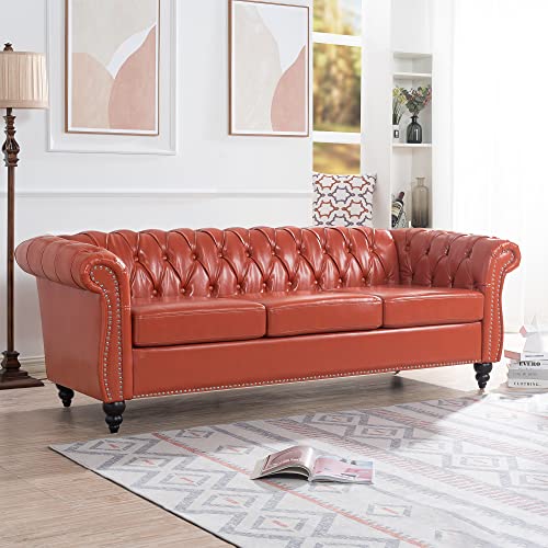 QHITTY Accent Large Sofa, Chesterfield Couch 3 Seater Modern Leather Couch Upholstered Sofa with Tufted Back for Living Room Furniture (Orange)