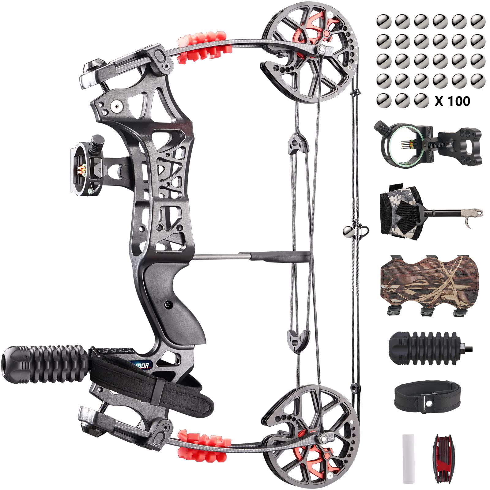 Aimdorarchery Compound Bow Kit with 100 Pcs Steel Balls 23.5”-28.5”Draw Length,30-60 Lbs Draw Weight up to 345 fps No Bow Press Needed Limbs Made in USA