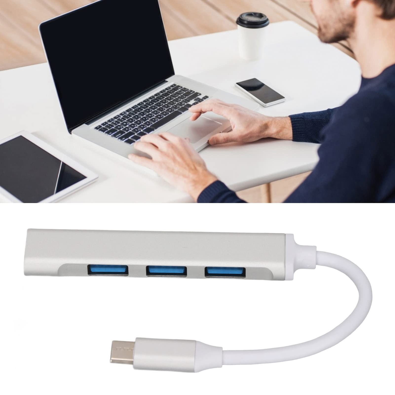 ASHATA USB C Hub, 4 in 1USB C to USB with 1 USB3.0 3 USB2.0 Ports, Mini Portable USB C Hub Adapter, for Laptop, Mouse, Keyboard, Hard Disk, Mobile Phone, Tablet(Silver)