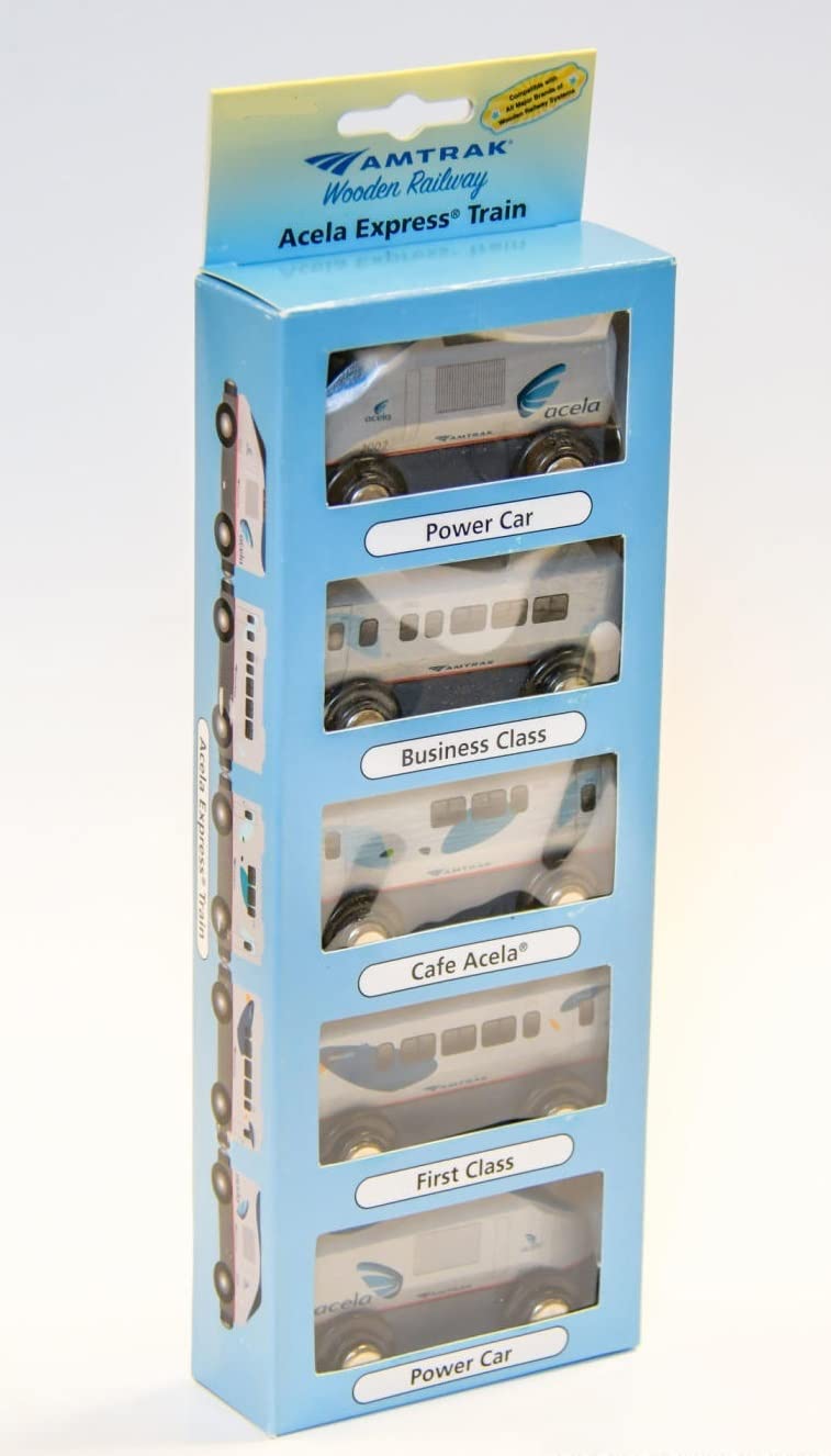 Amtrak Acela Wooden Train 5 Car Set 3 inch Long Cars Compatible with Other Railroads
