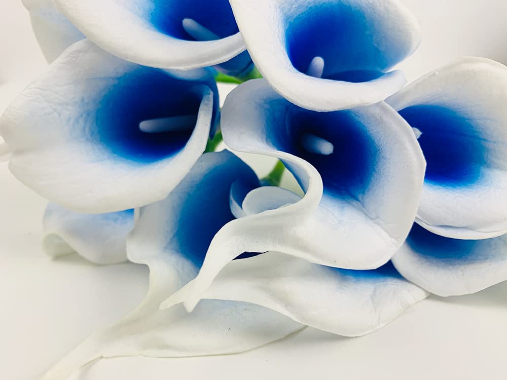 Etycoo 20pcs Calla Lily Lataex Real Touch Flower Bouquet for Wedding Garden Dining Table Center Home Party Photography Decor (White Blue Core)