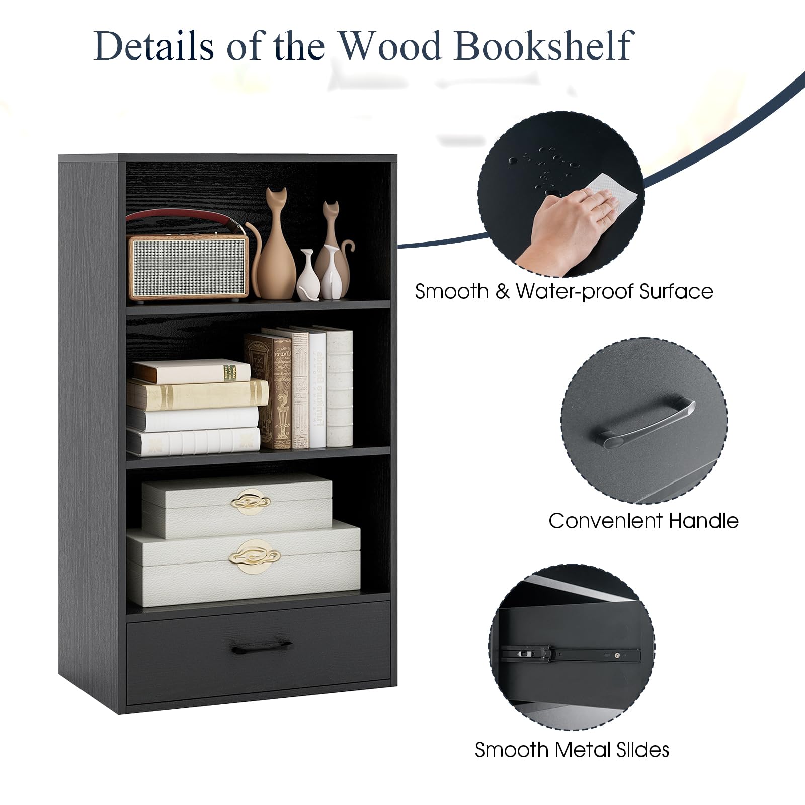 Giantex 4 Tier Bookcase with Drawer, 42.5" Tall Floor Standing Organizer Display Storage Shelves with Anti-toppling Device, Wood Open Shelf Bookshelf for Kids Room, Living Room, Study, Black