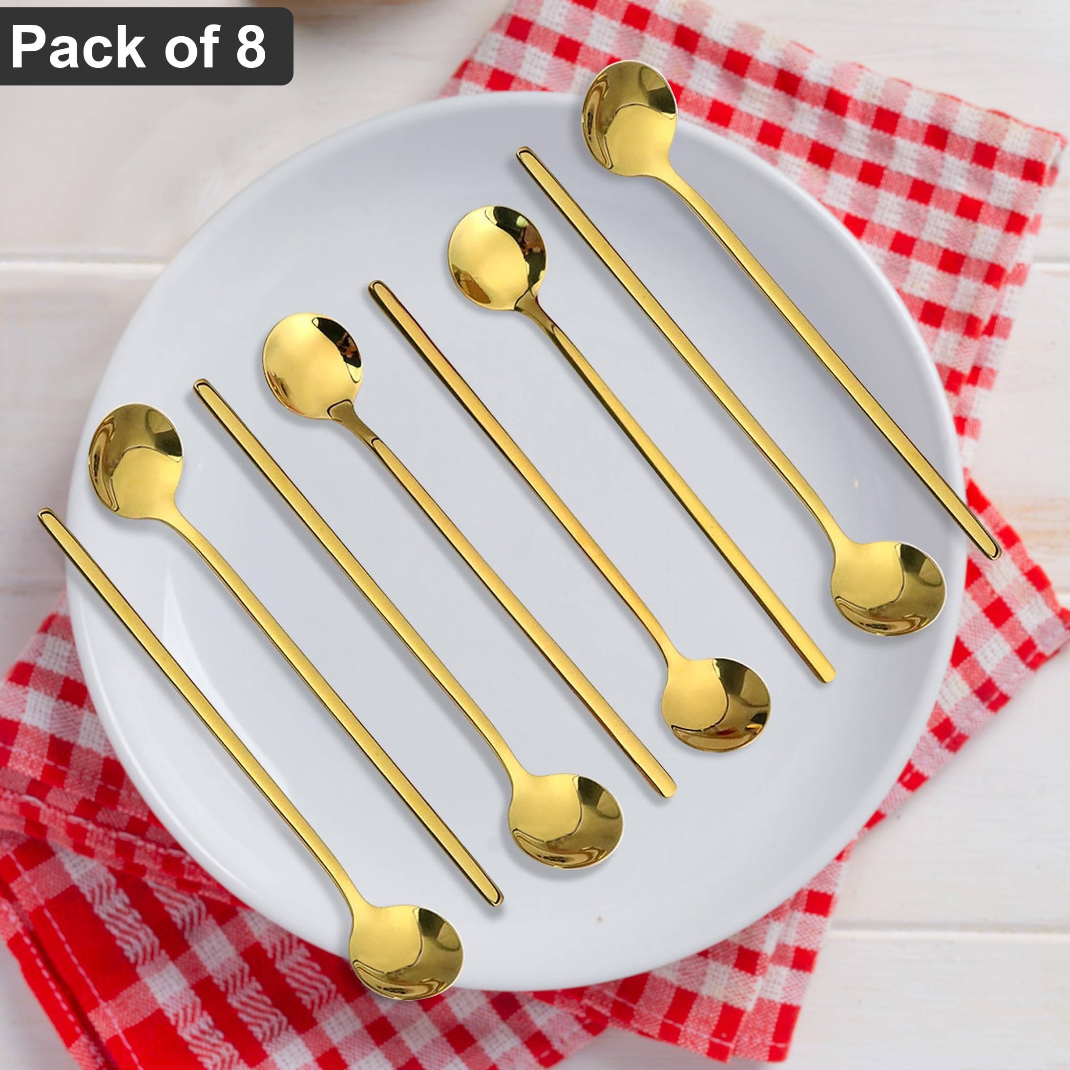 Monovatives Espresso Gold Plated Small Coffee Spoons with Long Handle for Stirring, Stainless Steel Long Handle coffee Spoon Pack of 8 for Tea Coffee Dessert Cake Ice Cream Soup Cappuccino, 5.3 inch