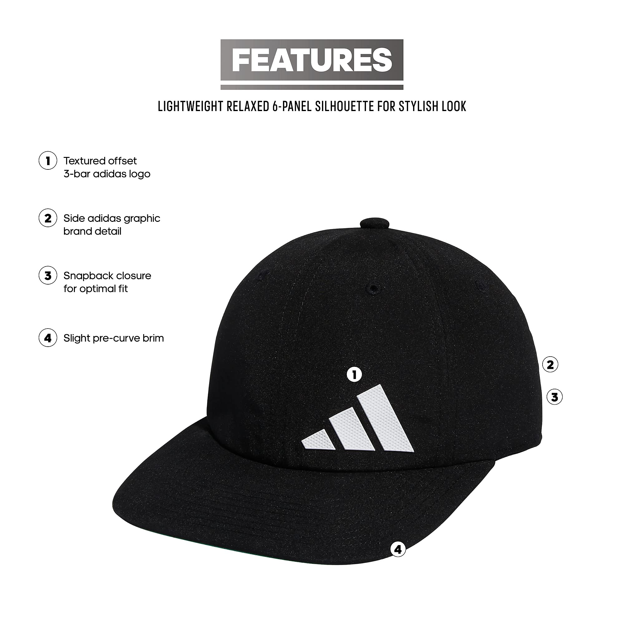 adidas Men's Offset 3-bar Snapback Relaxed Fit Medium Crown Slight Precurve Brim Adjustable Hat, Black/White, One Size