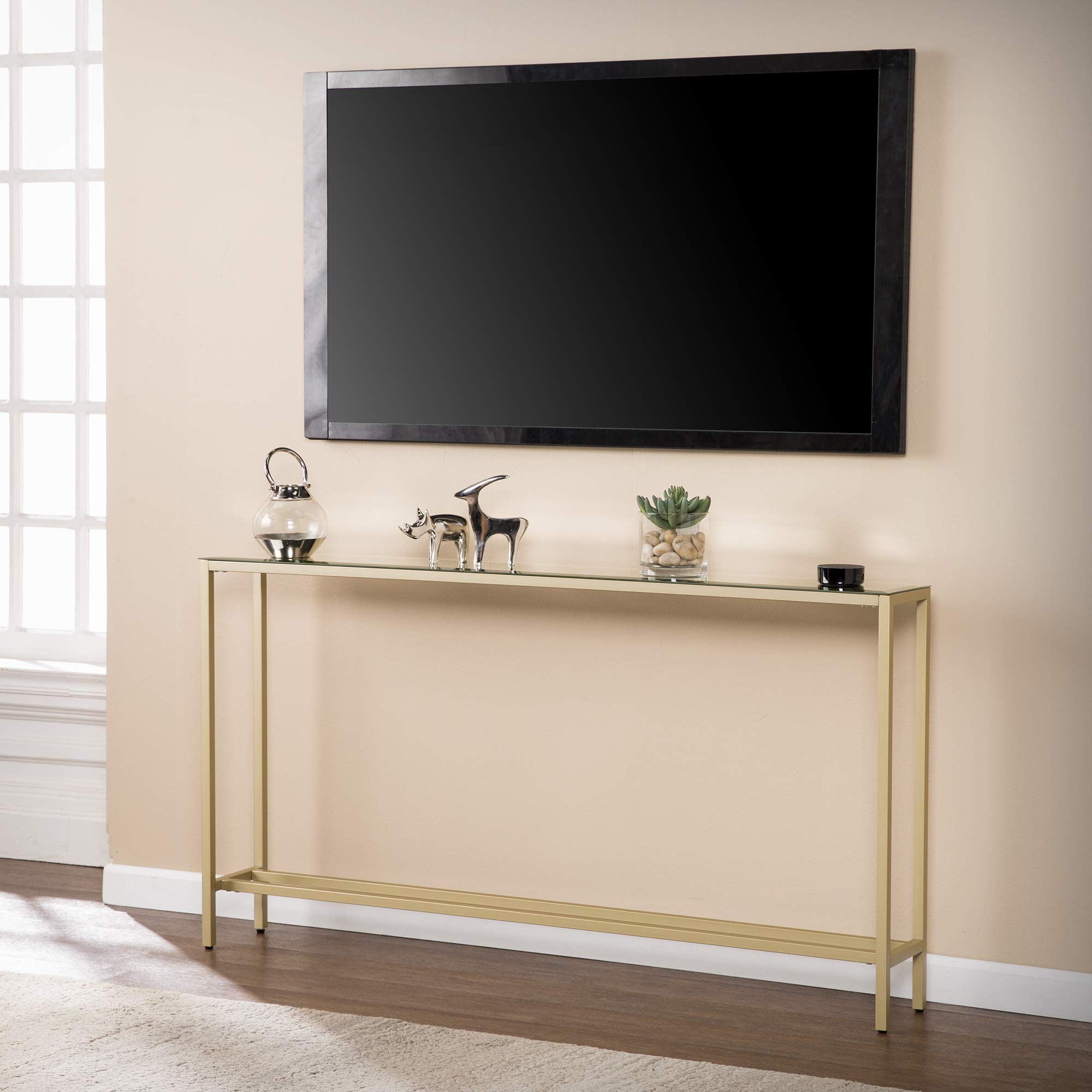 Furniture HotSpot Metal Skinny Console Table - Slim Profile w/Mirror Top (56x30)