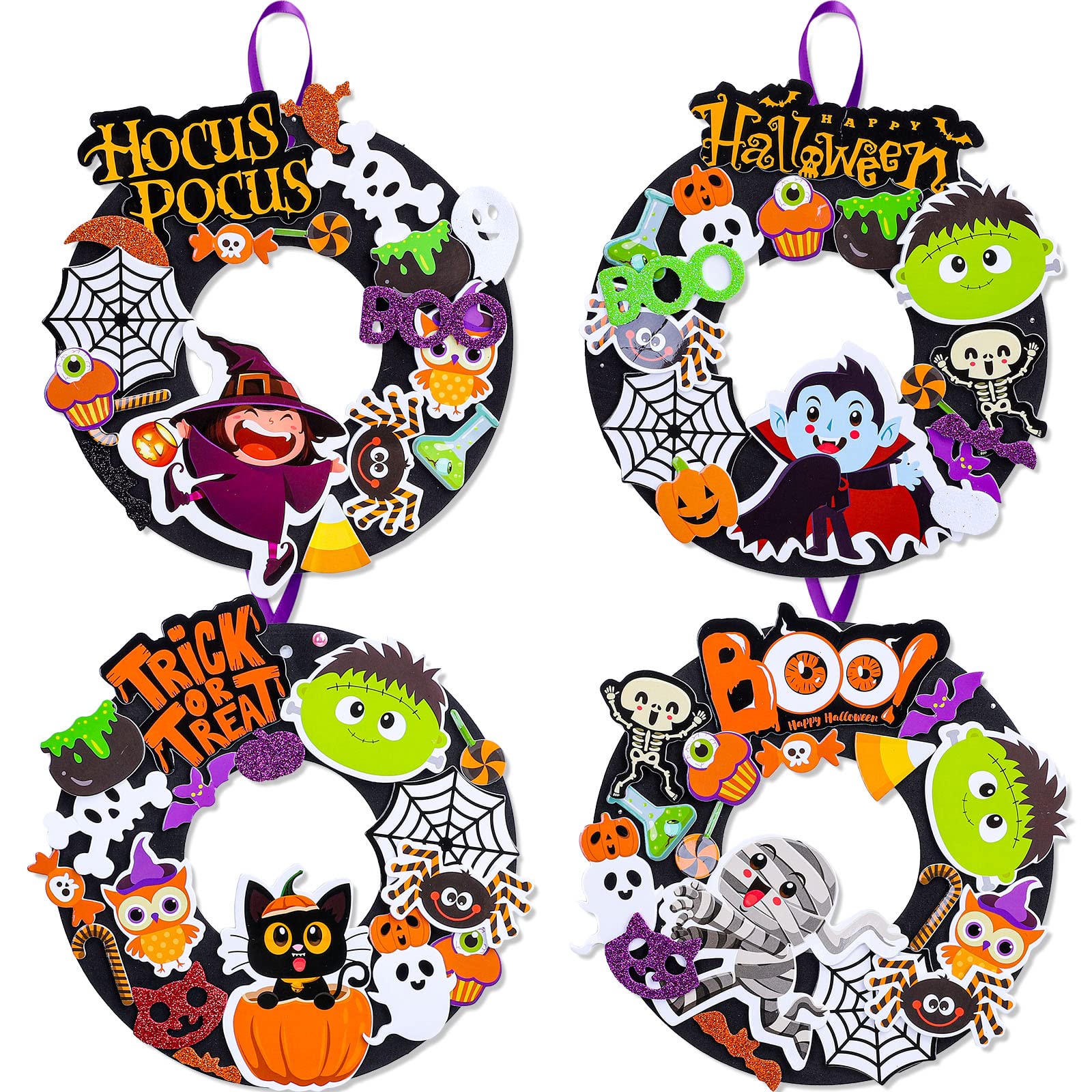 AnyDesign 12 Pack Halloween Foam Wreath Craft Kits with Glitter Hocus Pocus Spider Colorful Pattern Stickers and Purple Ribbons Foam Wreath Signs Craft for Kids Art Project DIY Halloween Party Decor