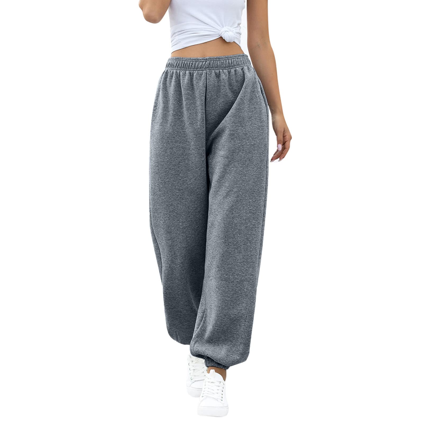 ASHER FASHION Women's Active Thick Jogger Sweatpants Baggy Lounge Yoga Pants with Pockets Sporty Dark Gray Thick S