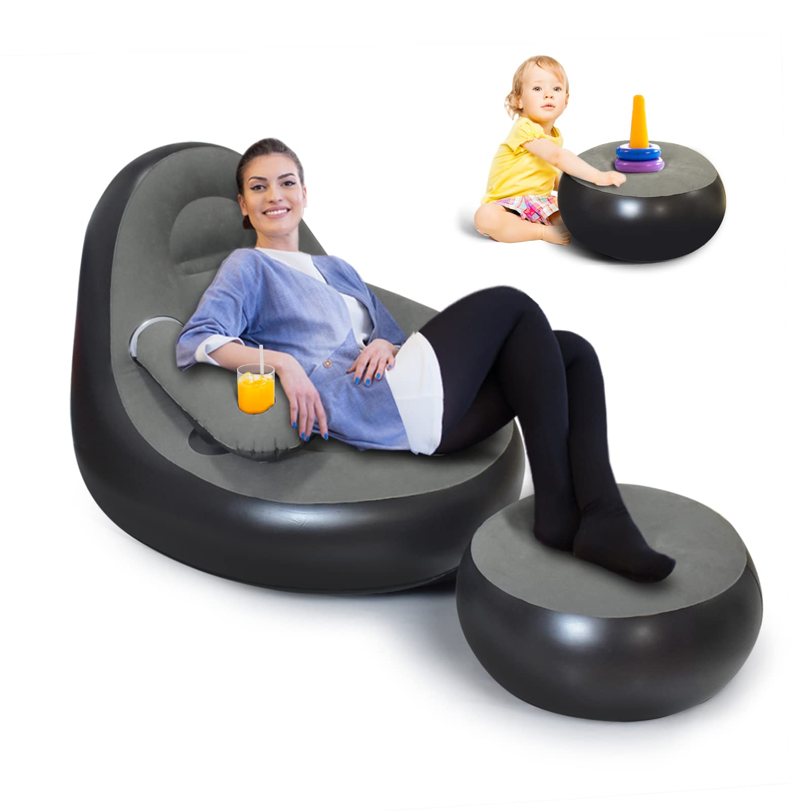 Blow Up Couch,Inflatable Chair,Inflatable Couch with Armrest,Foot Stool&Cup Holder, Portable Lazy Sofa,Inflatable Lounger with Comfy Flocked Surface for Rooms,Party,Camping,Garden,Tavel (Grey)