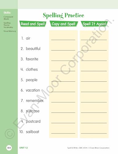 Evan-Moor Skill Sharpeners Spell and Write Workbook, Grade 3, 120 Spelling Words, Test Prep, Word Families, Short Vowels, Grammar, Punctuation, Creative Writing, Vocabulary, Activities, Homeschool