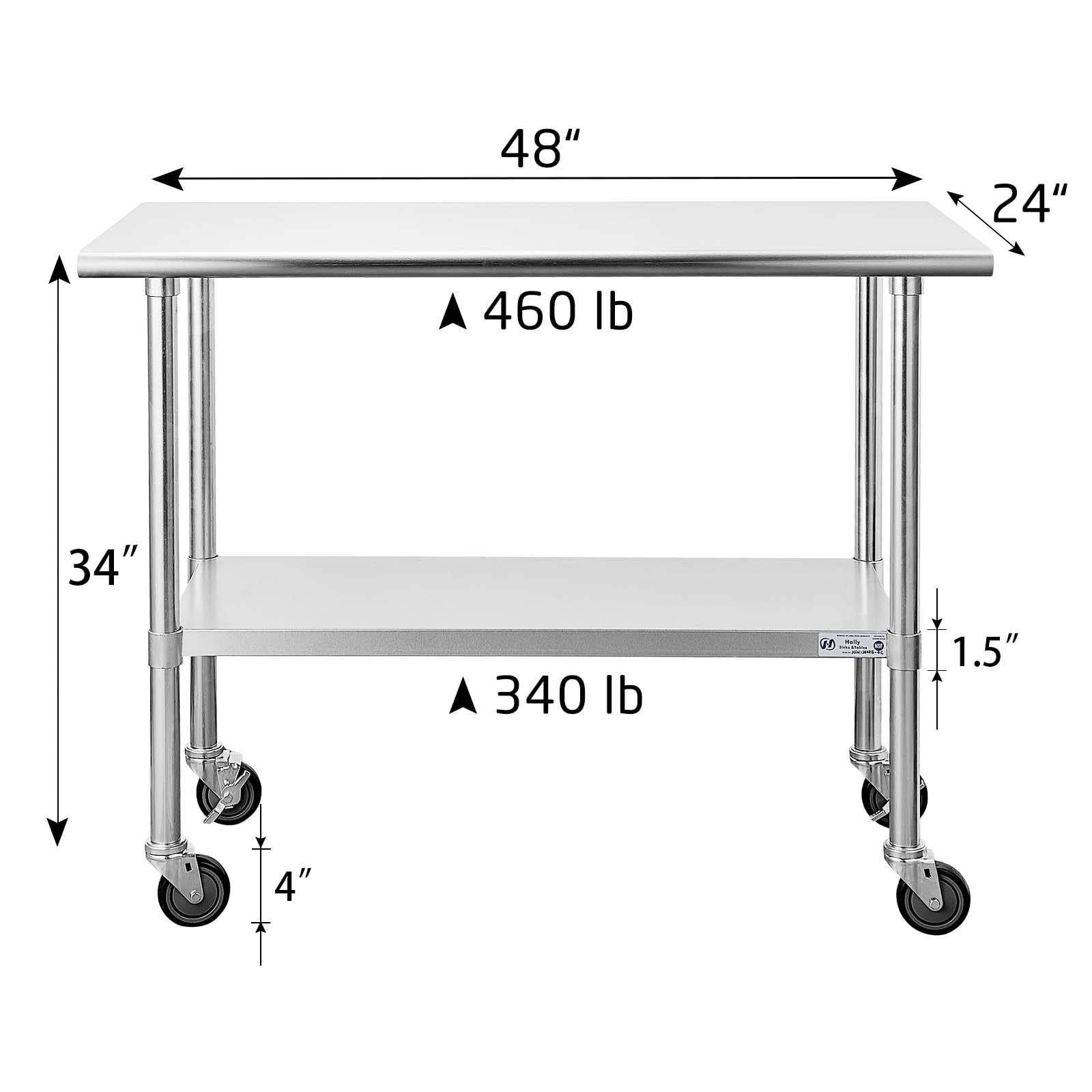 BELANITAS Stainless Steel Table 48 x 24 Inches Stainless Steel Work Table with Wheels NSF Kitchen Prep Table for Commercial Kitchen Garage, Workshop, Restaurant, Laundry