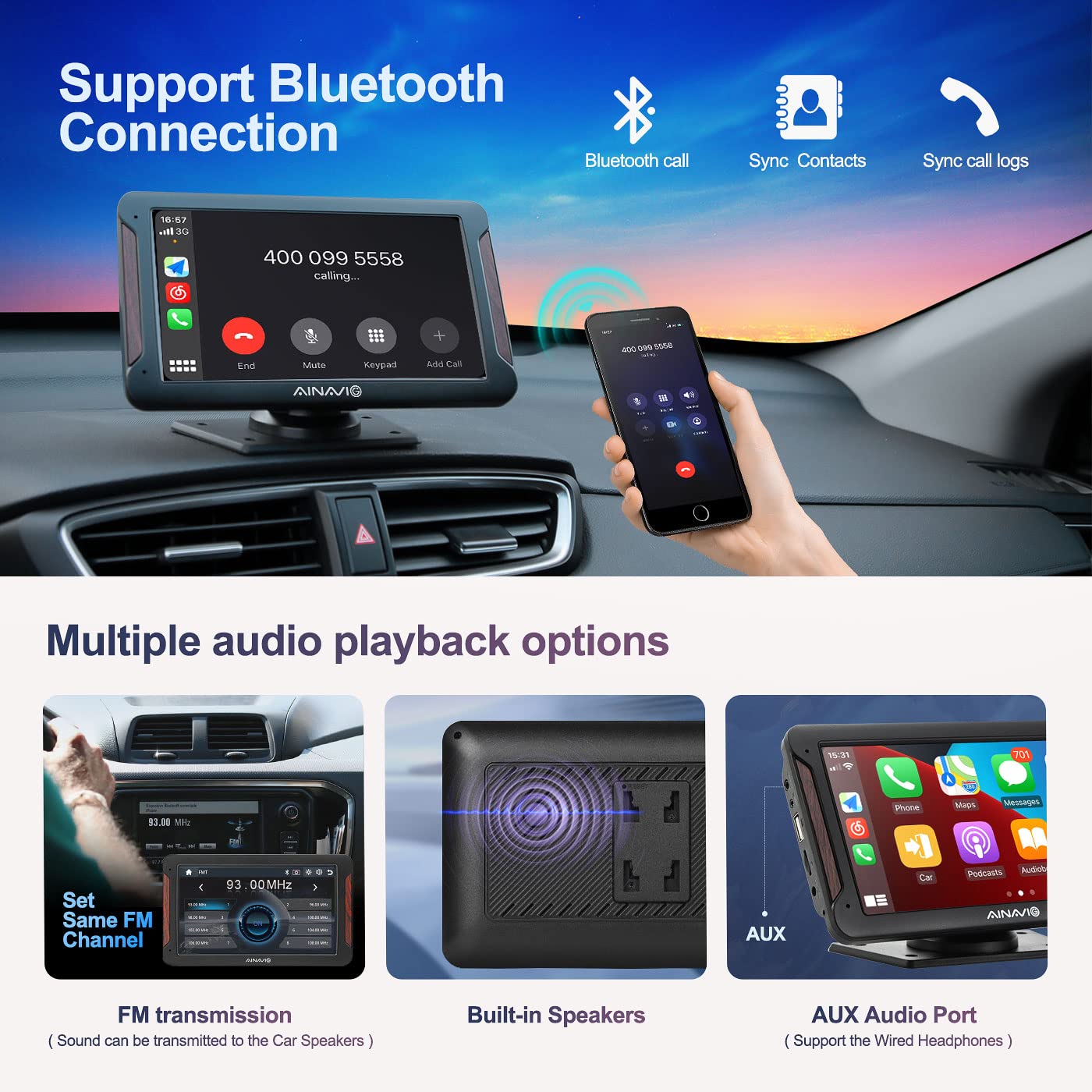 AINAVIGO Portable Car Radio with Apple Carplay & Android Auto, Wireless Car Play 7'' Touch Screen Car Stereo with Bluetooth and Backup Camera, GPS Navigation, Mirror Link, FM, Carplay Screen for Car
