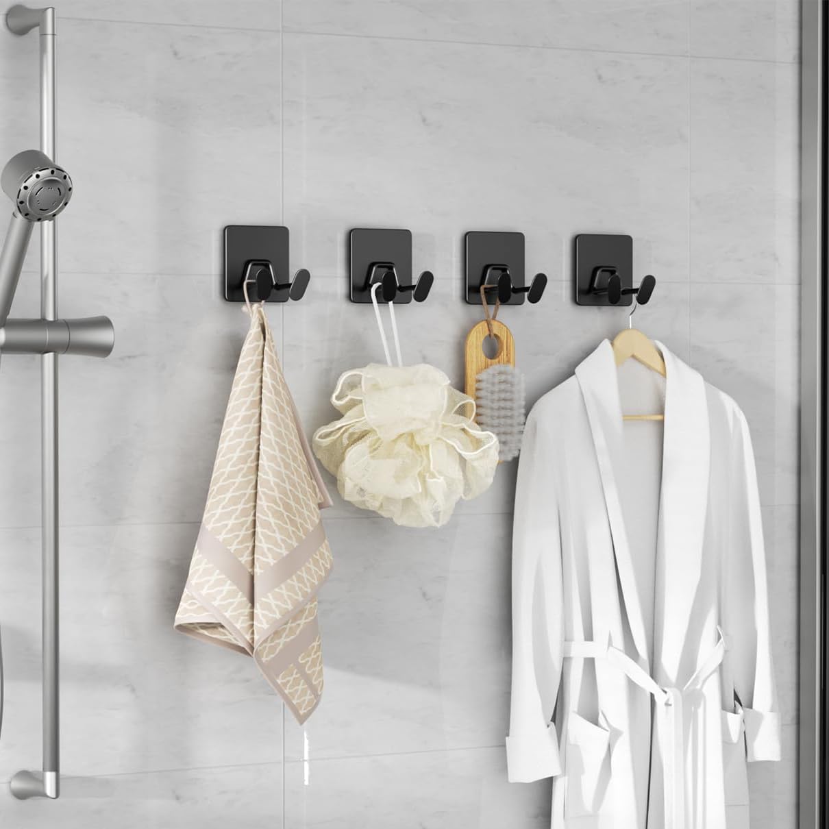 Shower Hooks for Inside Shower - Extra Sticky Stainless, Razor Holder Shower Accessories, Wall Mounted Self-Adhesive Double Hooks for Razor, Loofah, Towel, Shaver, Coat, Key, Matt Black, 4-Pack