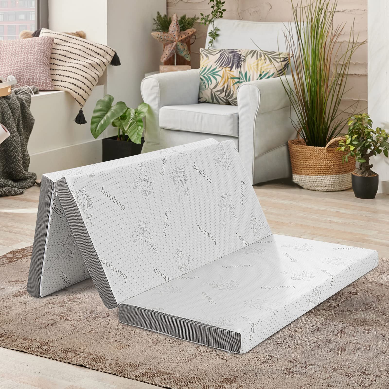 Giantex Folding Mattress, 4 Inch Gel-Infused Tri-fold Mattress with Bamboo Cover & Carry Bag, CertiPUR-US Certified, Foldable Cooling Mattress Topper for Guest Room Dorm RV Camp Floor, Queen
