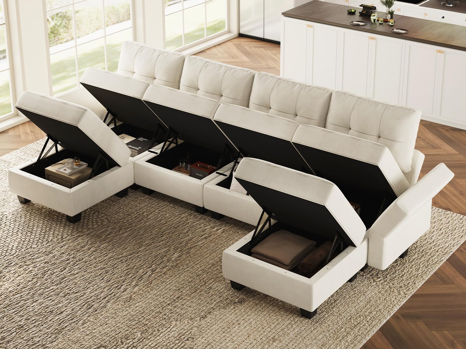 Belffin U-Shaped Modular Sectional Sofa, Modular Couch with Storage Seats, 6 Seat Convertible Sofa with Reversible Chaise, Beige