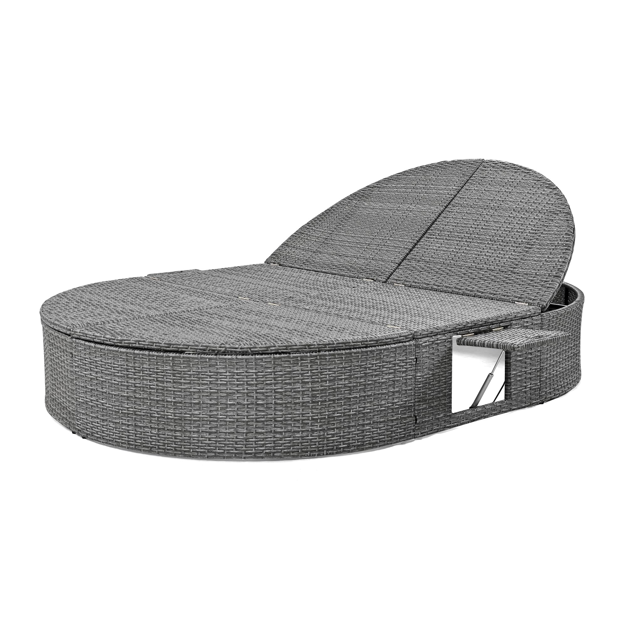 Bellemave Outdoor Sun Bed Patio 2-Person Daybed with Cushions and Pillows, Rattan Garden Reclining Chaise Lounge with Adjustable Backrests and Foldable Cup Trays for Lawn,Poolside(Beige)