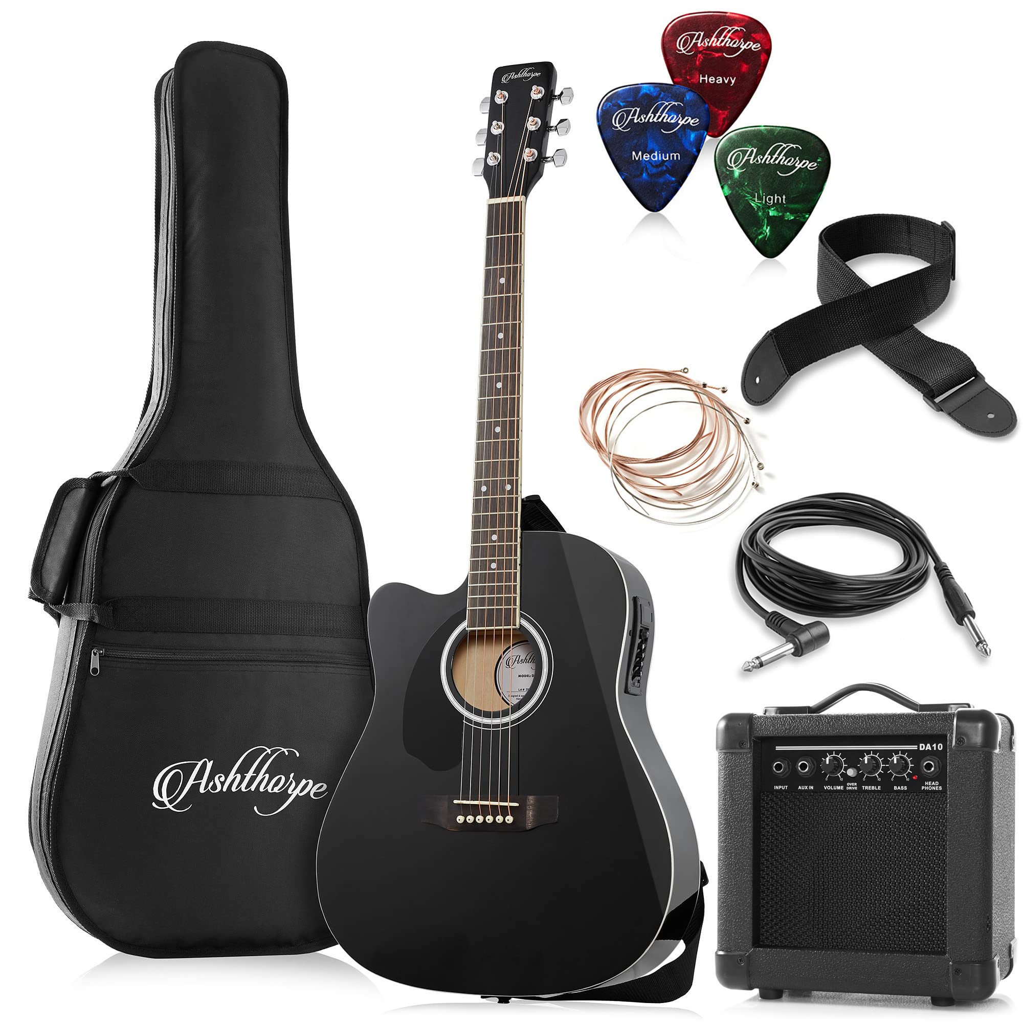 Ashthorpe Left Handed Full-Size Dreadnought Cutaway Acoustic Electric Guitar Package with 10 Watt Amp - Brown