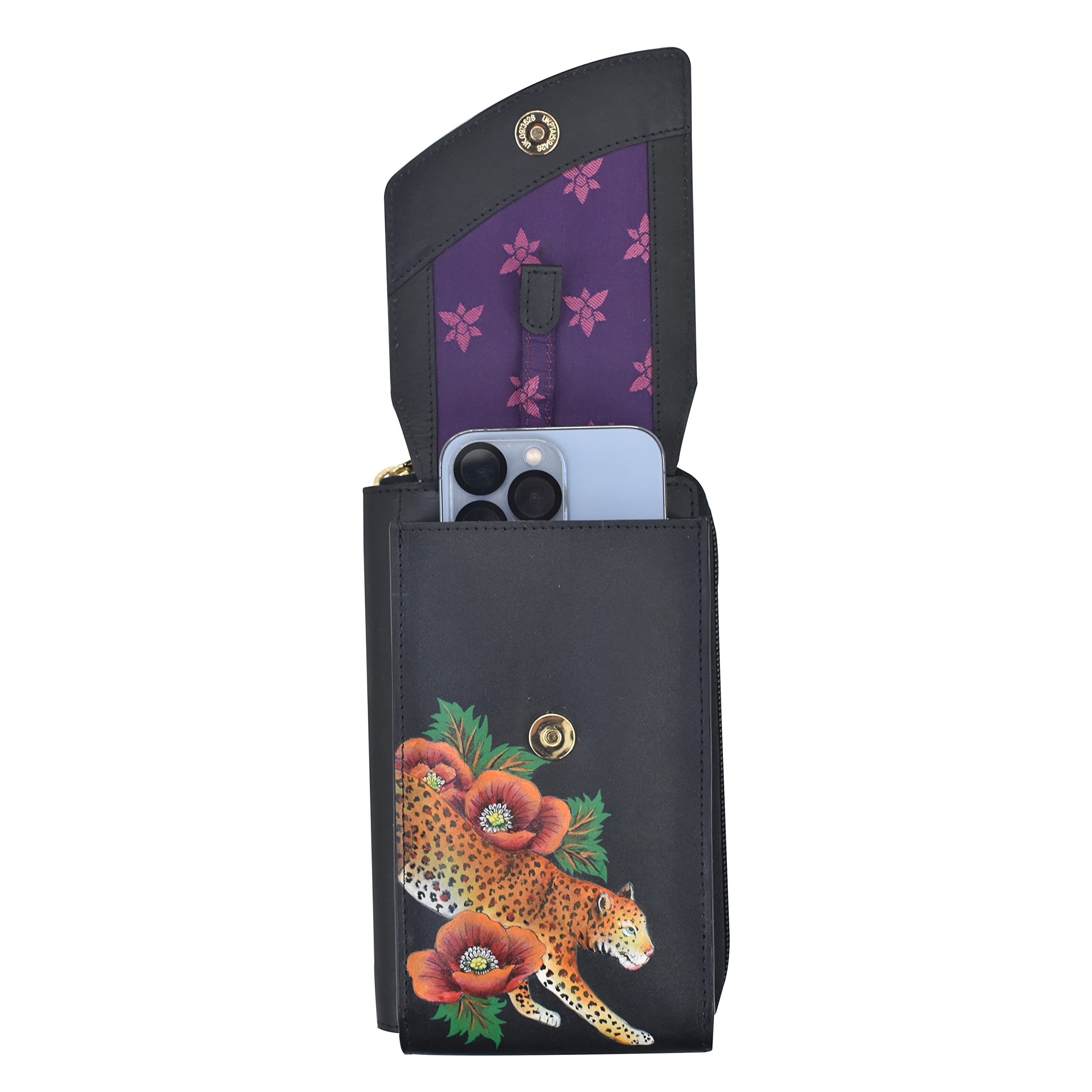 Anuschka Women’s Hand Painted Genuine Leather Crossbody Phone Case - Enigmatic Leopard
