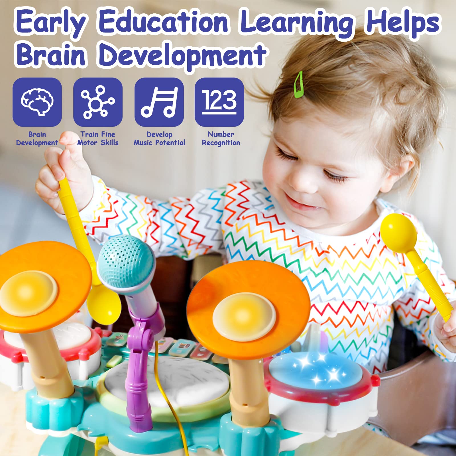 Fajiabao Kids Drum Set for Toddlers 1-3 with Microphone, Baby Drum Kit Musical Toys for 1 Year Old Boy Girl Light Piano Keyboard, Early Learning Instruments for 6 12 18 Month