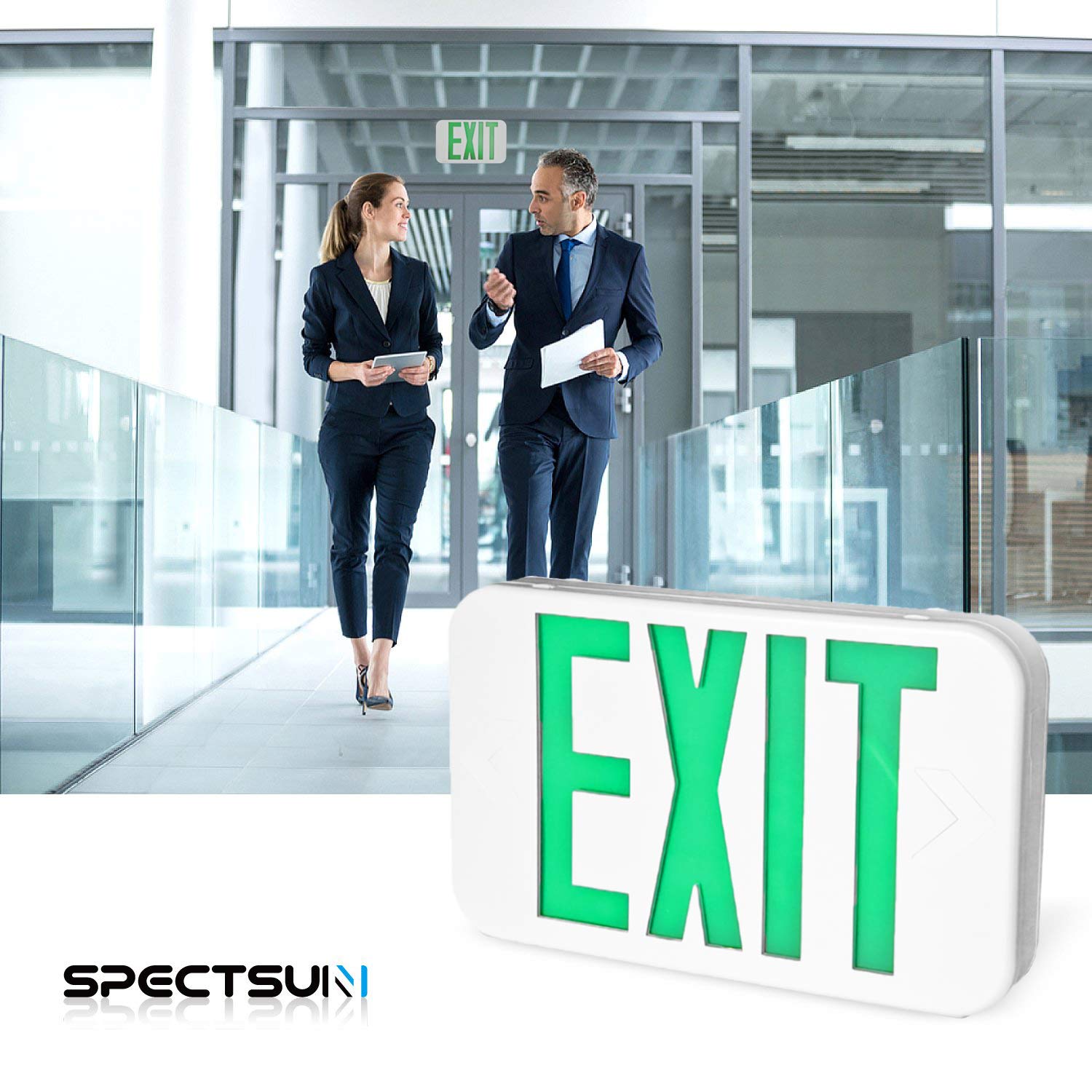 SPECTSUN 1PACK LED Exit Sign with Battery Backup, Green Exit Light,Hardwired Exit Sign, 120V/277V Exit Sign with Arrow,UL Exit Sign Lighting, Commercial Egress Light,2 sided Fire Exit Sign Plastic