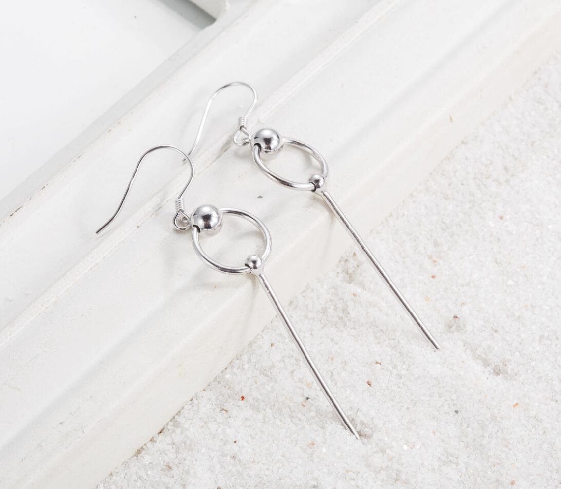 925 Sterling Silver Bead with Long Line Bar Dangle Earrings