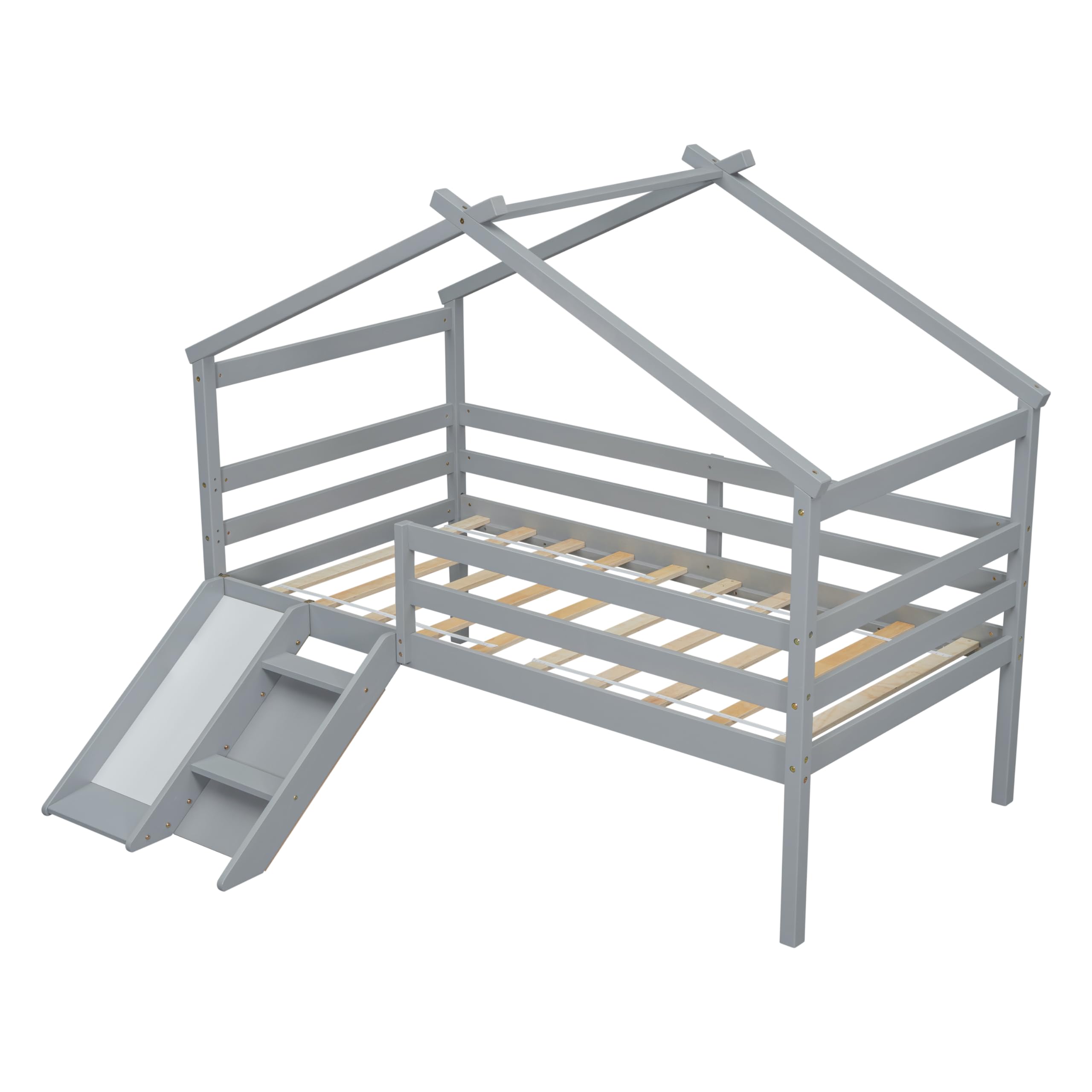 Bellemave Twin Size Kids Low Loft Bed,House Loft Bed with Slide and Ladder,Solid Wood Low Loft Bed with Safety Guardrails for Girls Boys,Grey