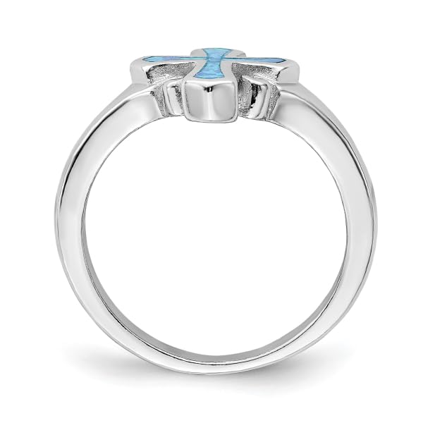 925 Sterling Silver Blue Created Opal Holy Cross Ring Christian Religious Band Size 8