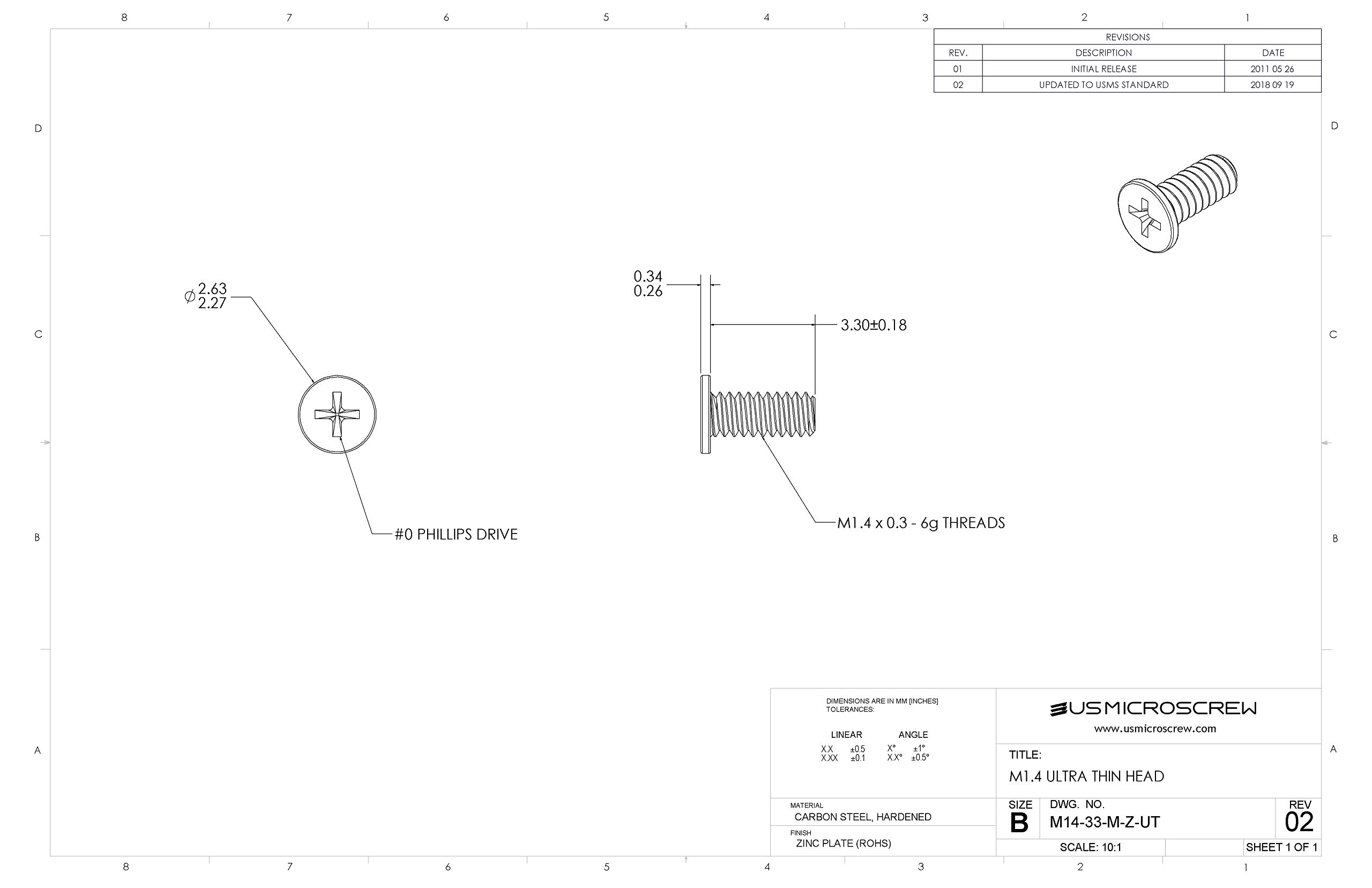 M1.4-0.3 X 3.3mm Machine Screw Zinc Plated Steel Ultra Thin Head Phillips Drive (100 Pcs) - M14-33-M-Z-UT