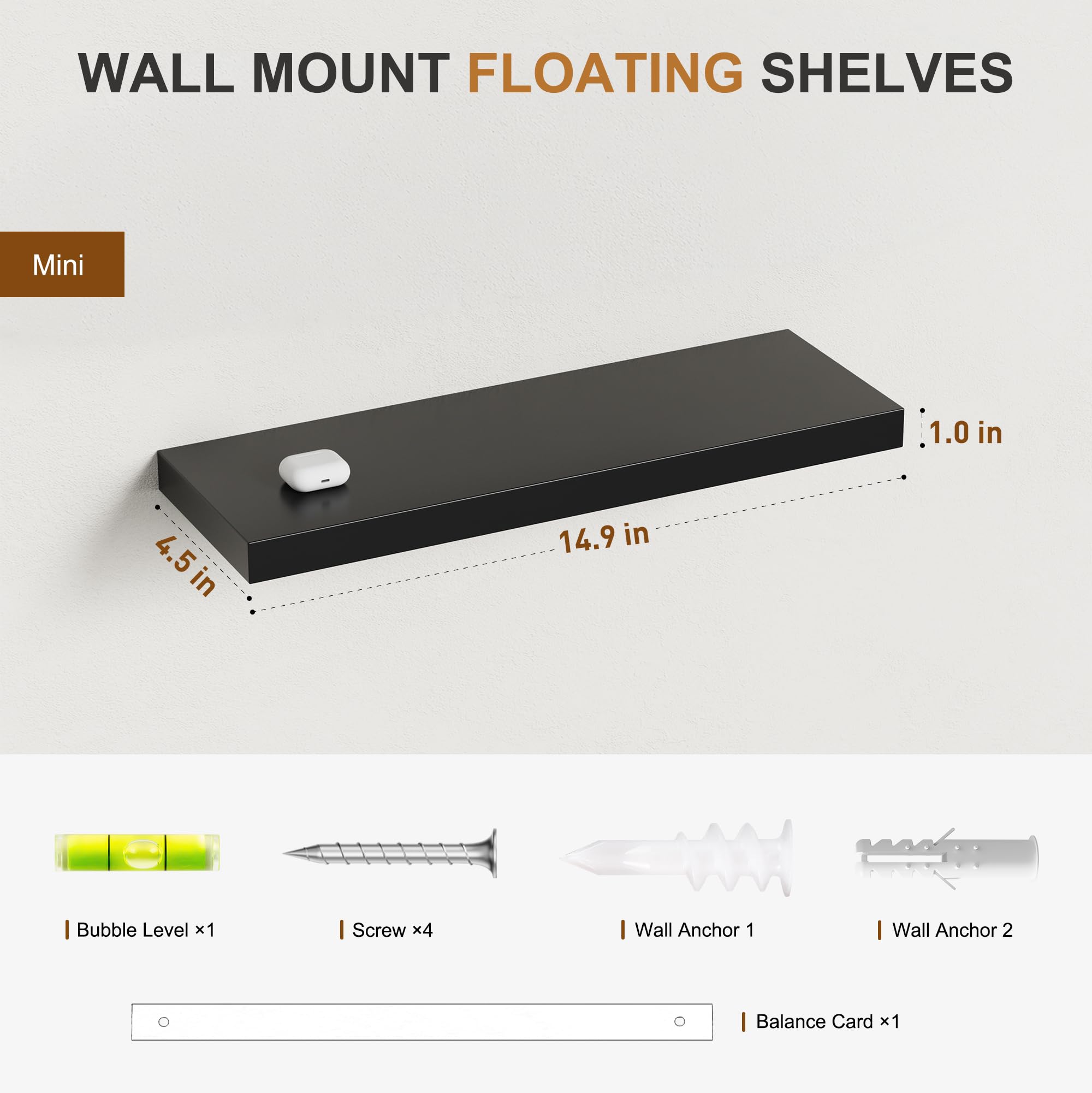 Bellsal Floating Shelves, Black Engineered Wood Wall Shelf Set of 2, 15" Wall Mounted Floating Shelf, Hanging Wooden Shelf Invisible with Brackets for Bedroom, Kitchen, Living Room, Bathroom Decor
