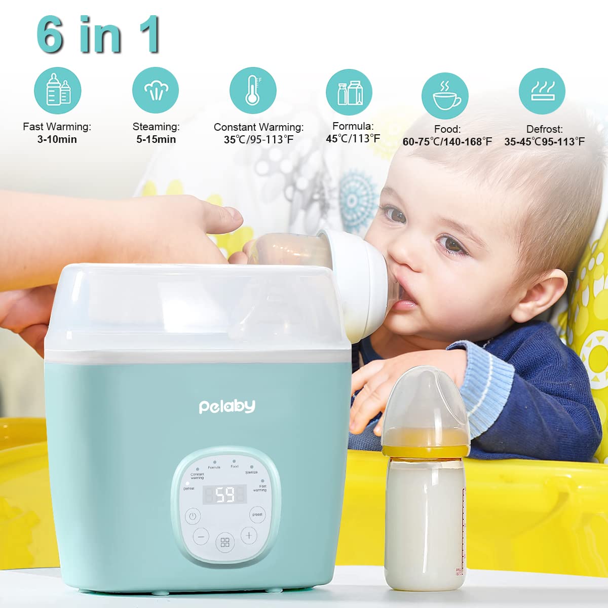 BEMISO Baby Bottle Warmer, 6-in-1 Bottle Warmer for Breastmilk or Formula with LCD Display Smart Temperature Control & Timer, Fast Baby Food Bottle Warmer & Defrost Without Any Losing Nutrition